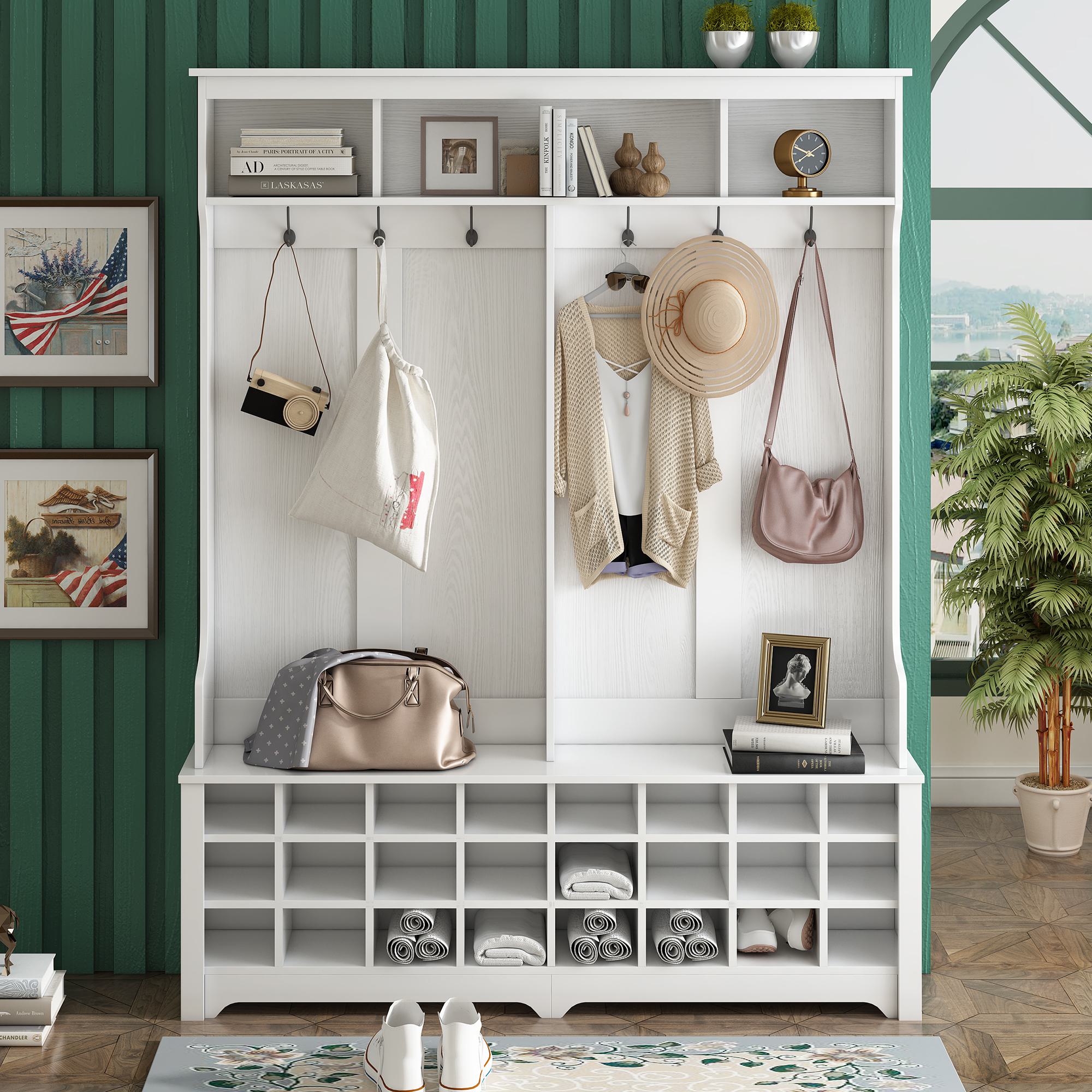 Vinsetto 60" Modern Wide Hall Tree with Metal Hooks, Entryway Bench, 24 ...
