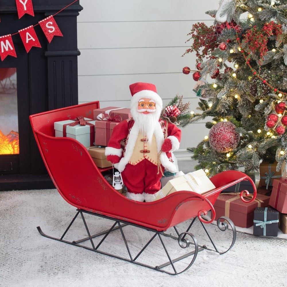 Distressed Iron Santa Sleigh Holiday Decoration, Black+Red | Aosom.com