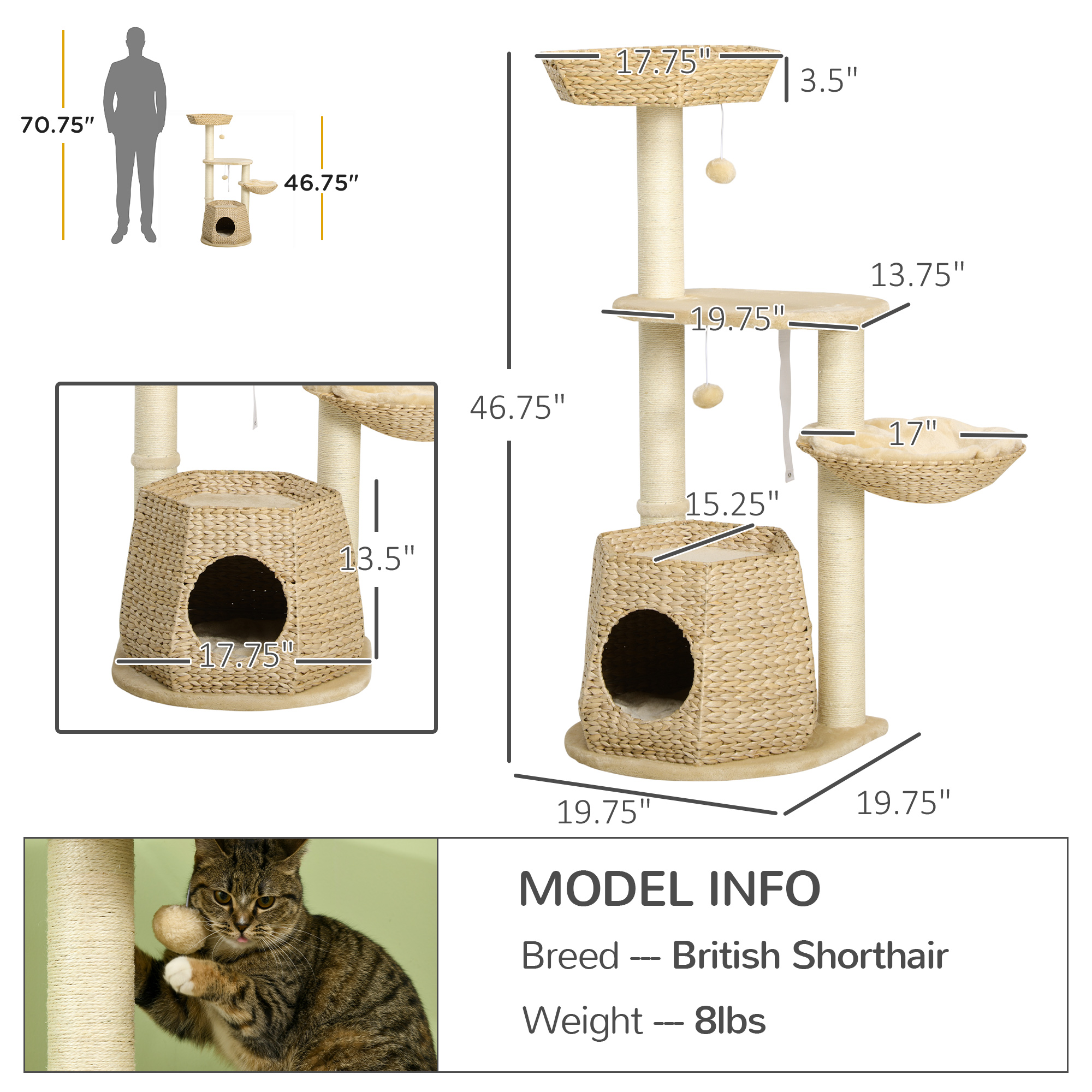 PawHut 47" Cat Tree Kitty Activity Center, Cat Climbing Toy with ...