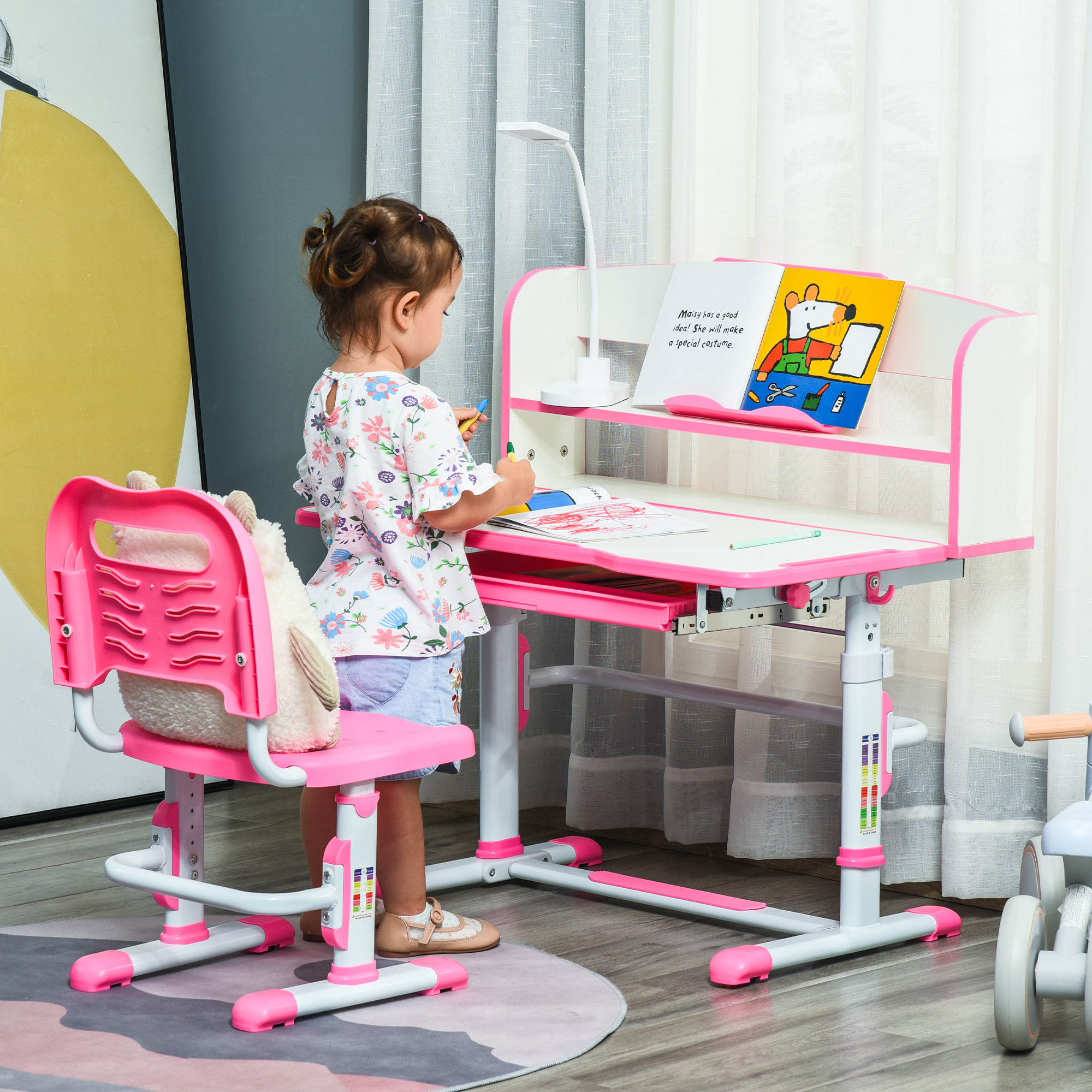 Qaba Kids Desk and Chair Set Height Adjustable Student Writing Desk Children School Study Table with LED Lamp Bookshelf Drawer Reading Board Pen