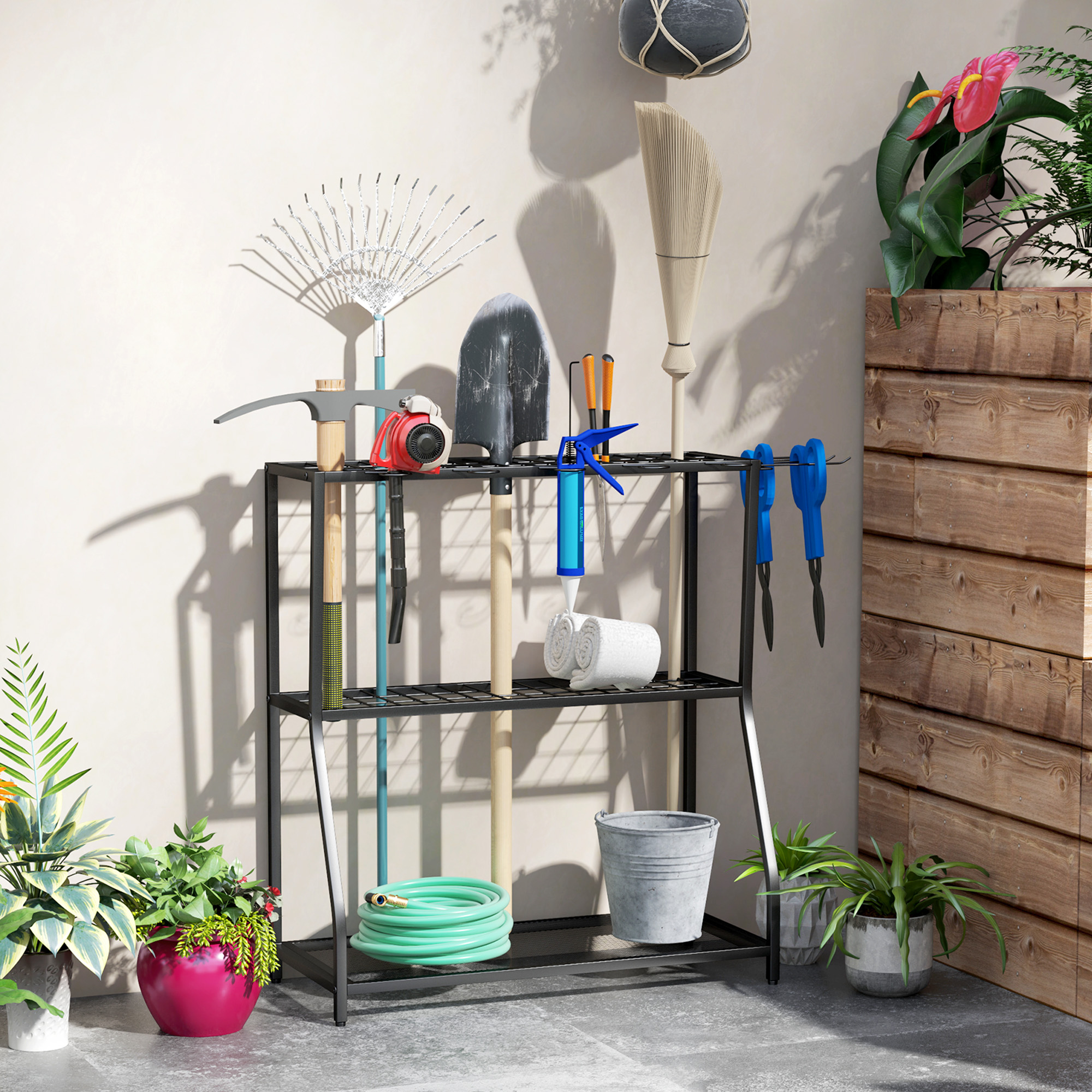 Outsunny 3-Tier Yard Tool Tower Rack, Garden Tool Organizer with Hooks ...