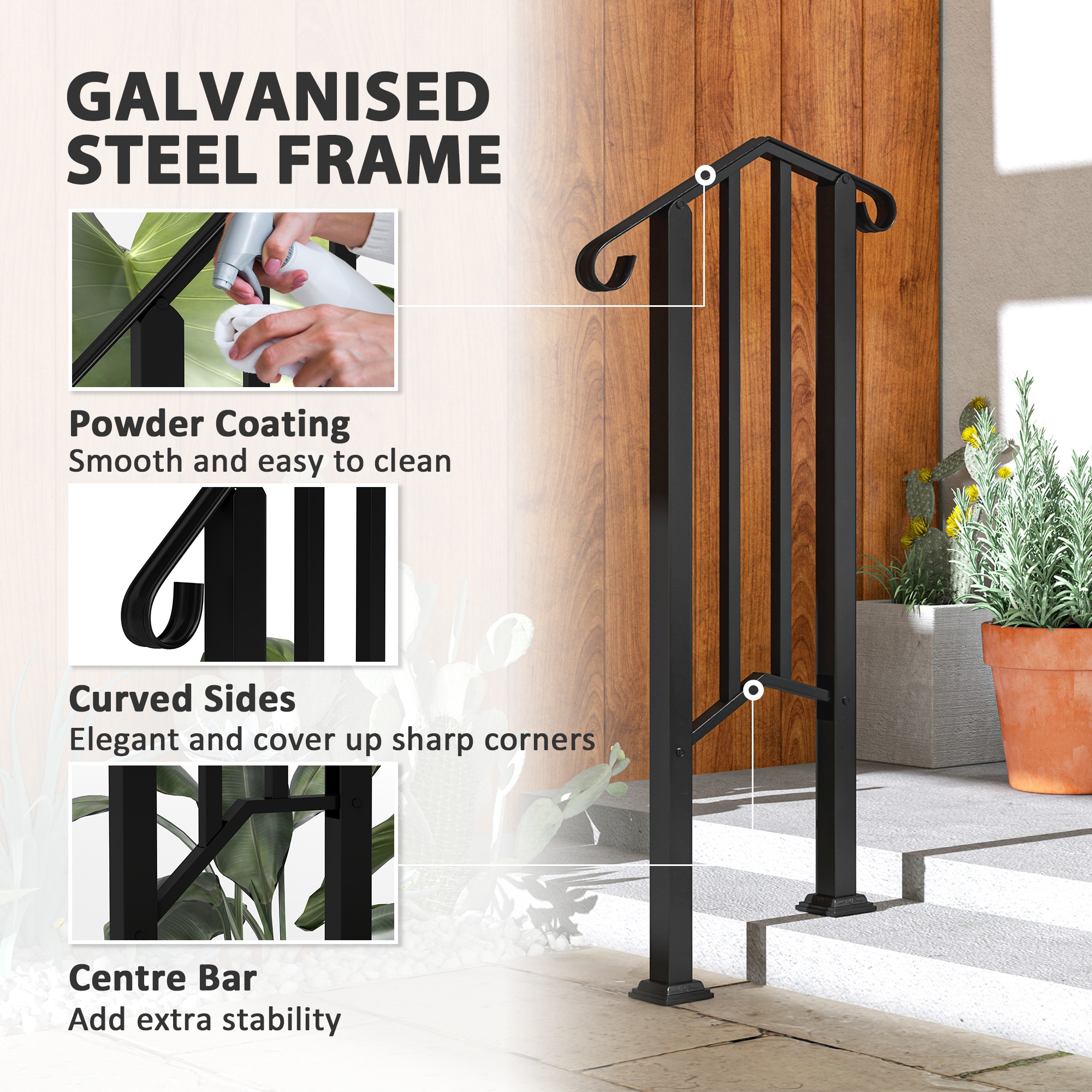 Outsunny 1-2 Step Handrails for Outdoor Steps, Metal Outdoor Stair ...