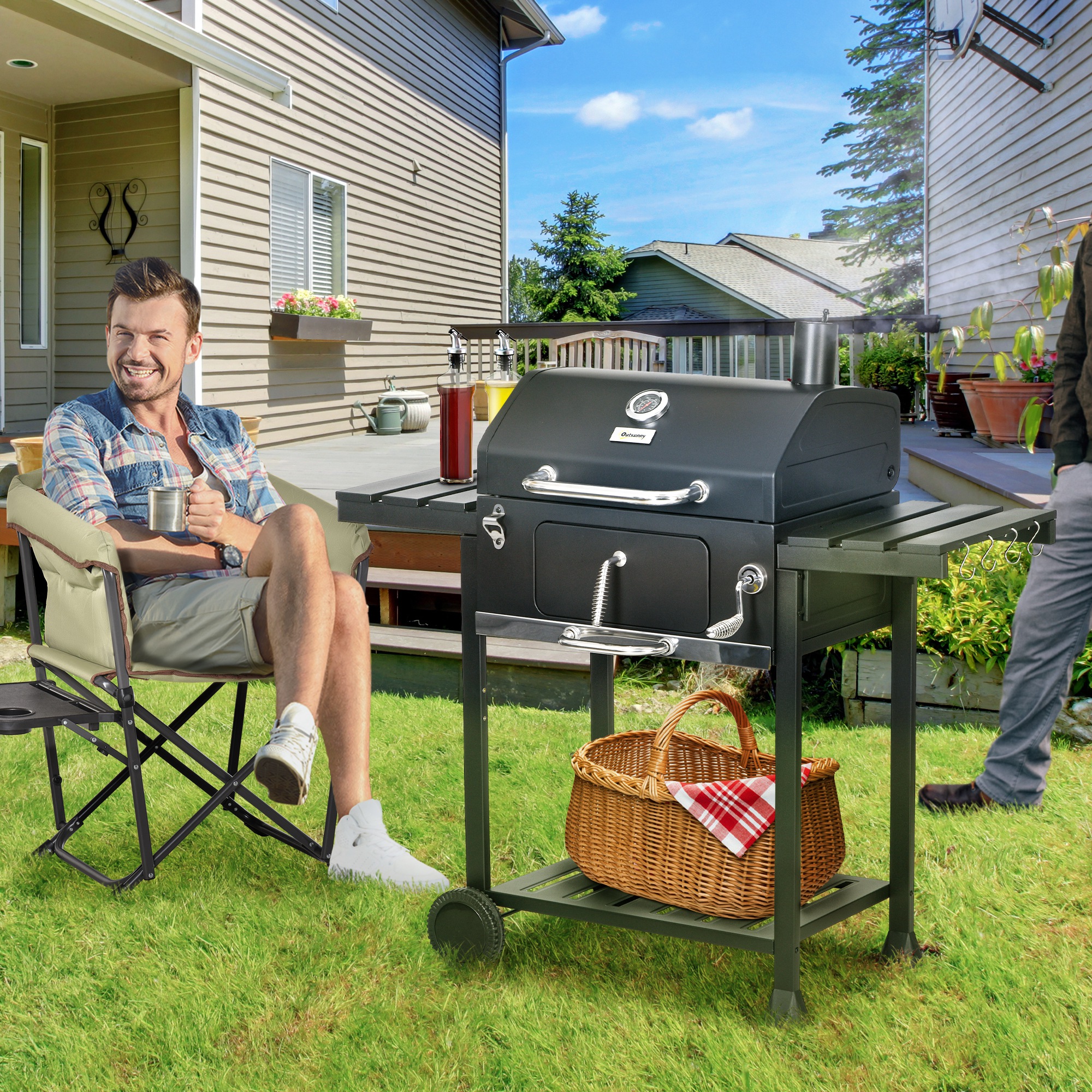 Outsunny Charcoal BBQ Grill Smoker with Adjustable Charcoal Pan and ...