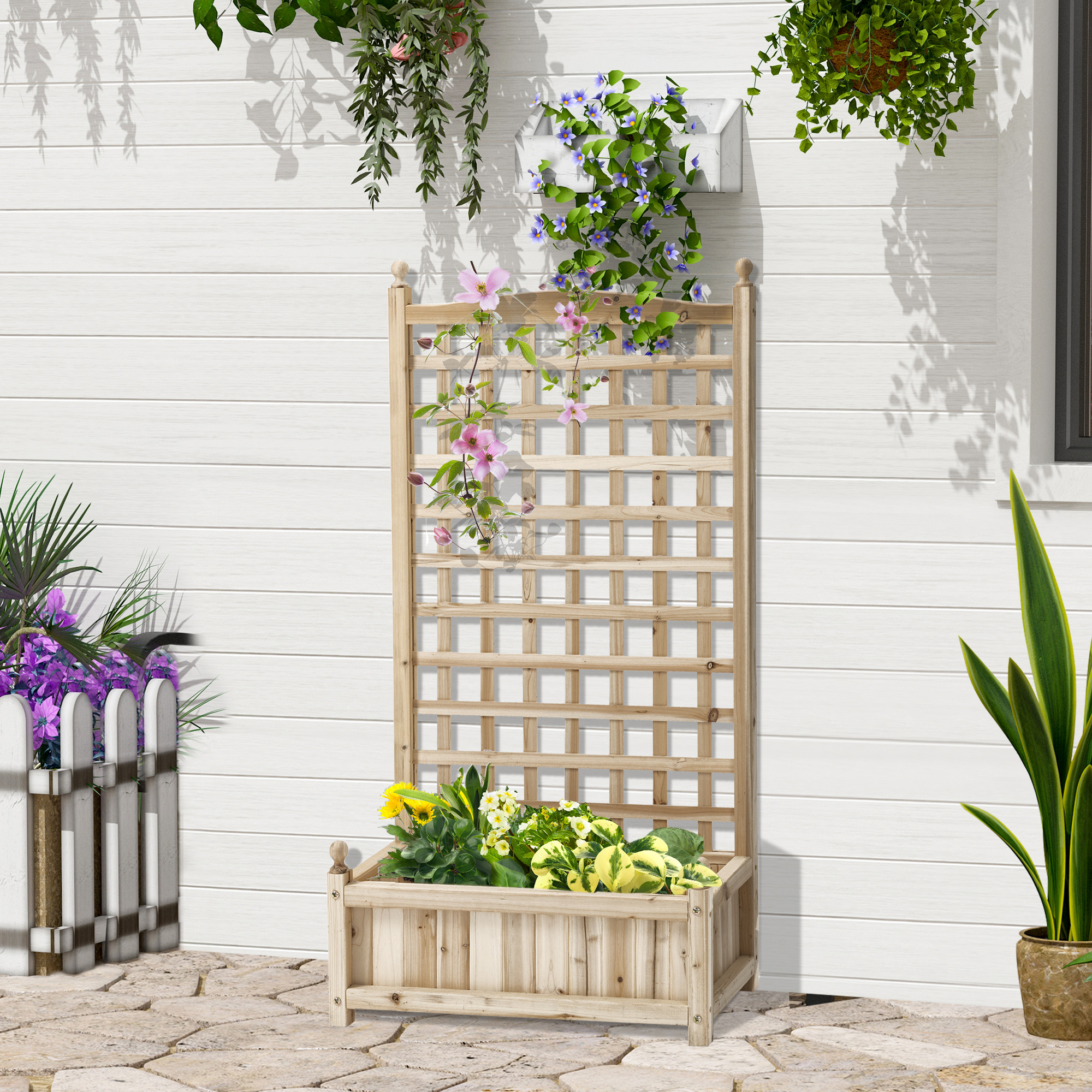 Outsunny Raised Garden Bed with Trellis, Wood Planter Box for Garden ...