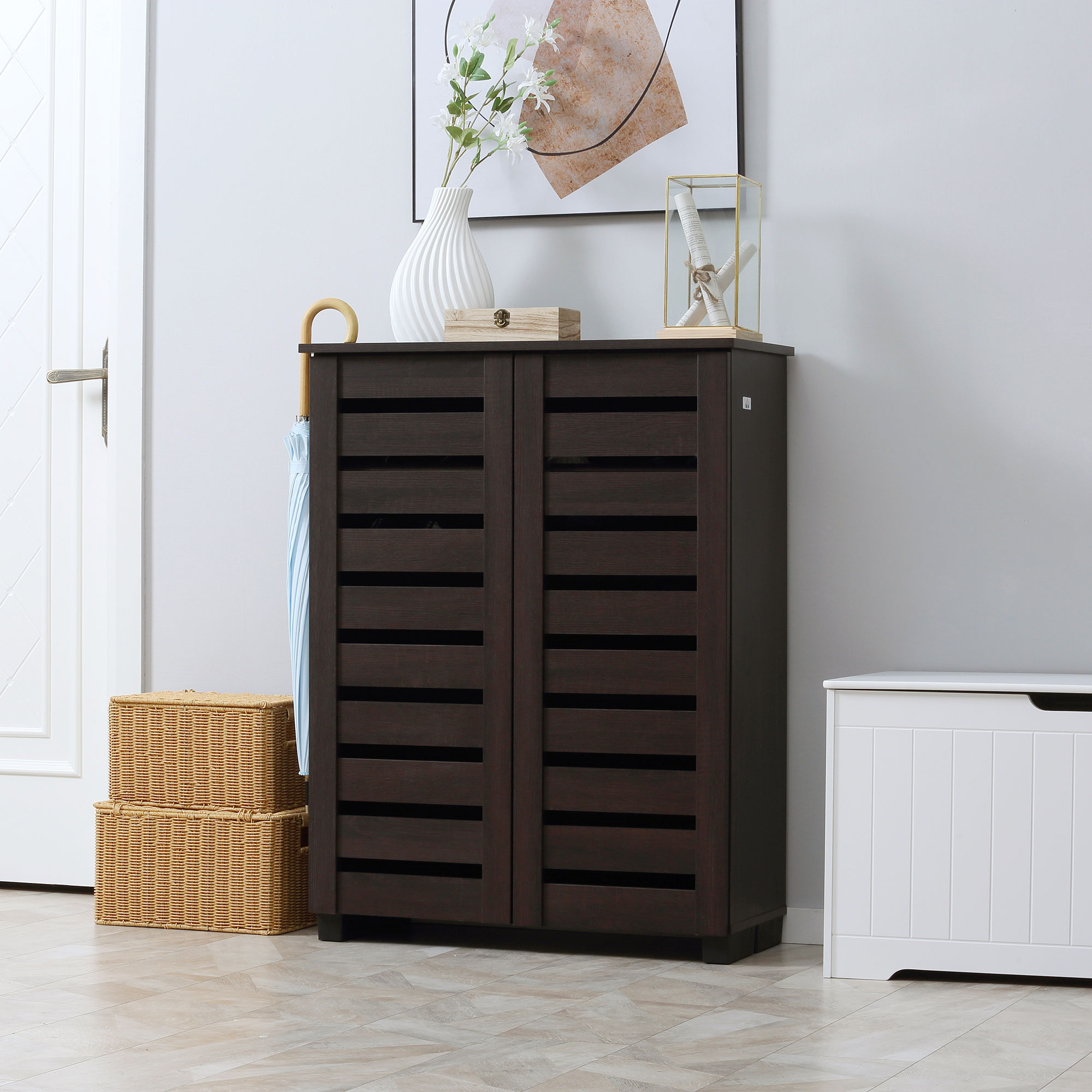 HOMCOM Shoe Cabinet with 2 Slatted Doors, 5-tier Shelving Cupboard with ...