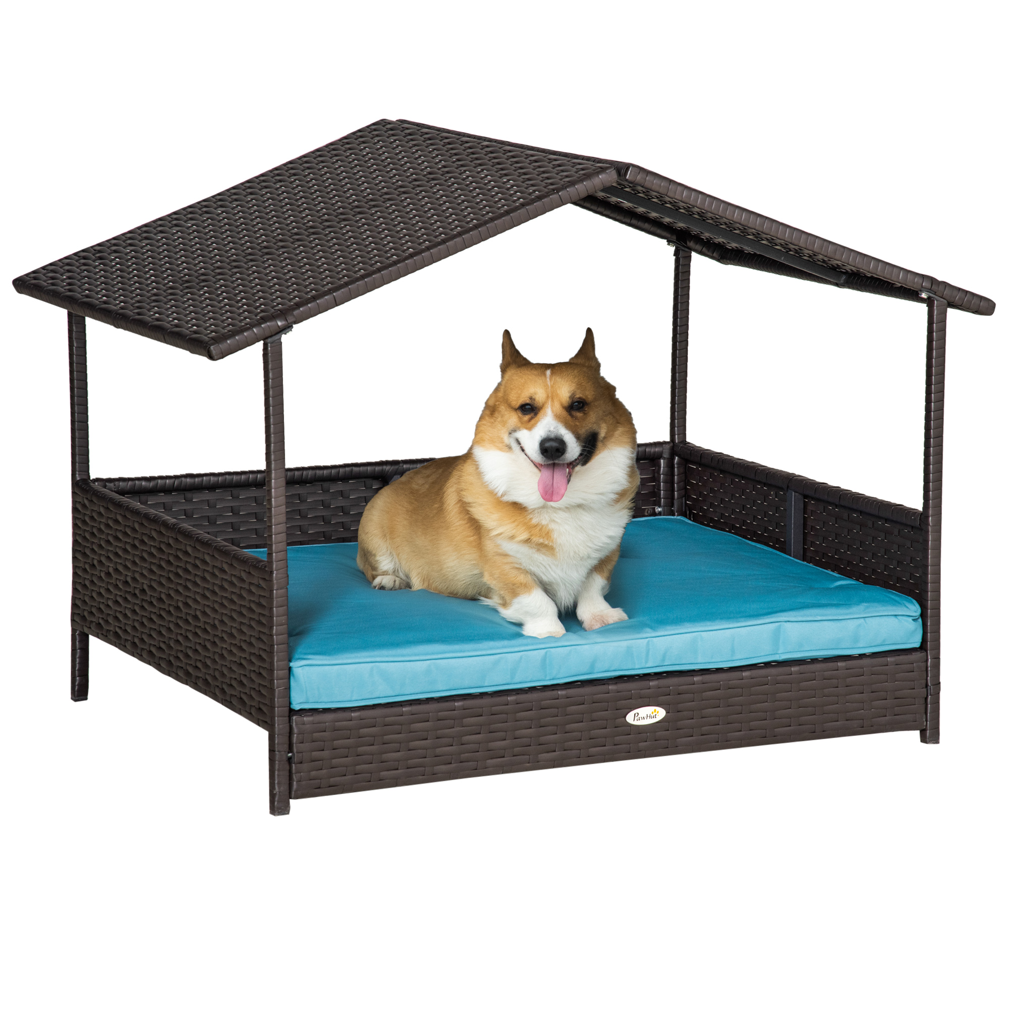PawHut Wicker Dog House Raised Rattan Bed for Indoor Outdoor with Cushion Blue Aosom