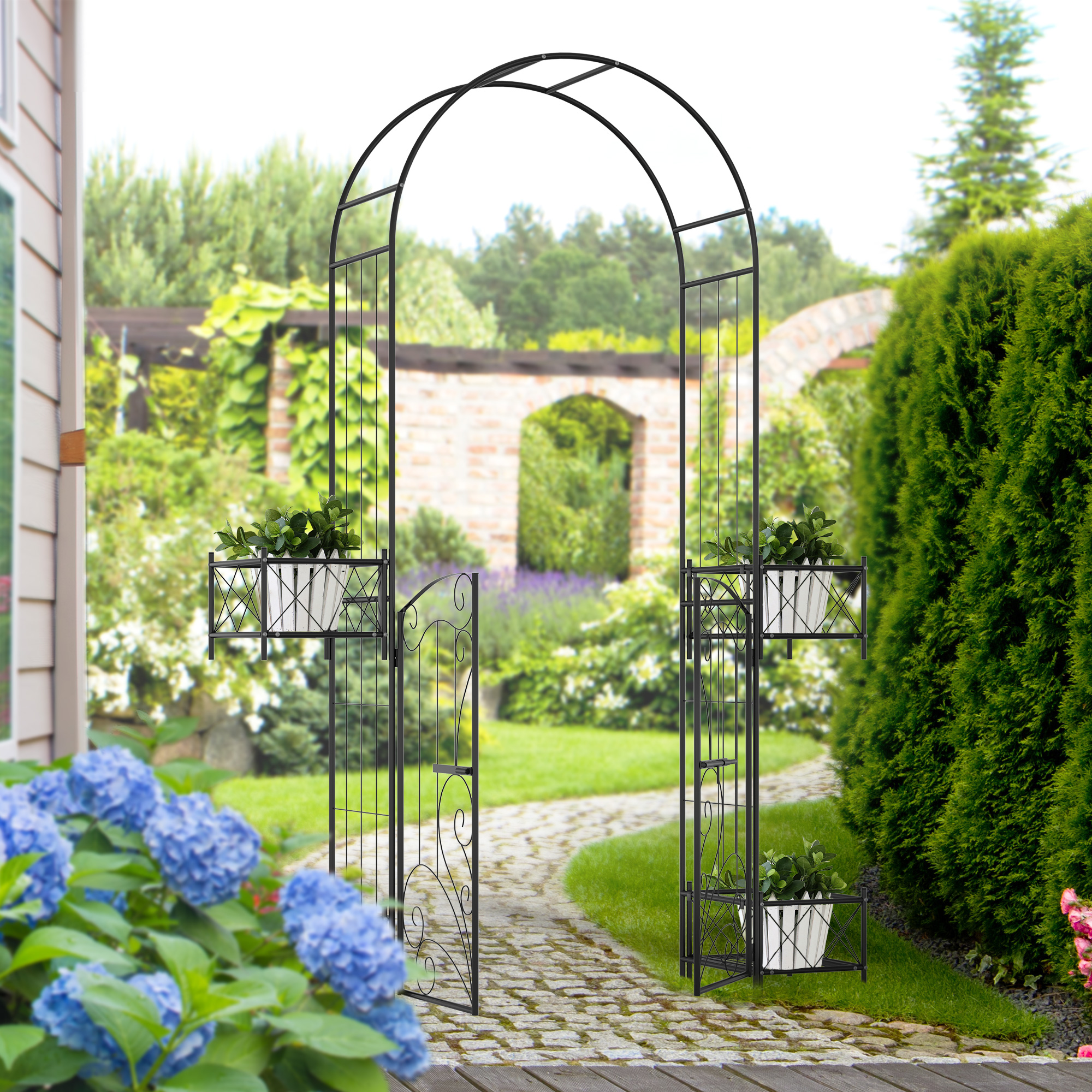 Outsunny 7.1FT Metal Garden Arch with Gate and 4 Planter Boxes, Garden ...