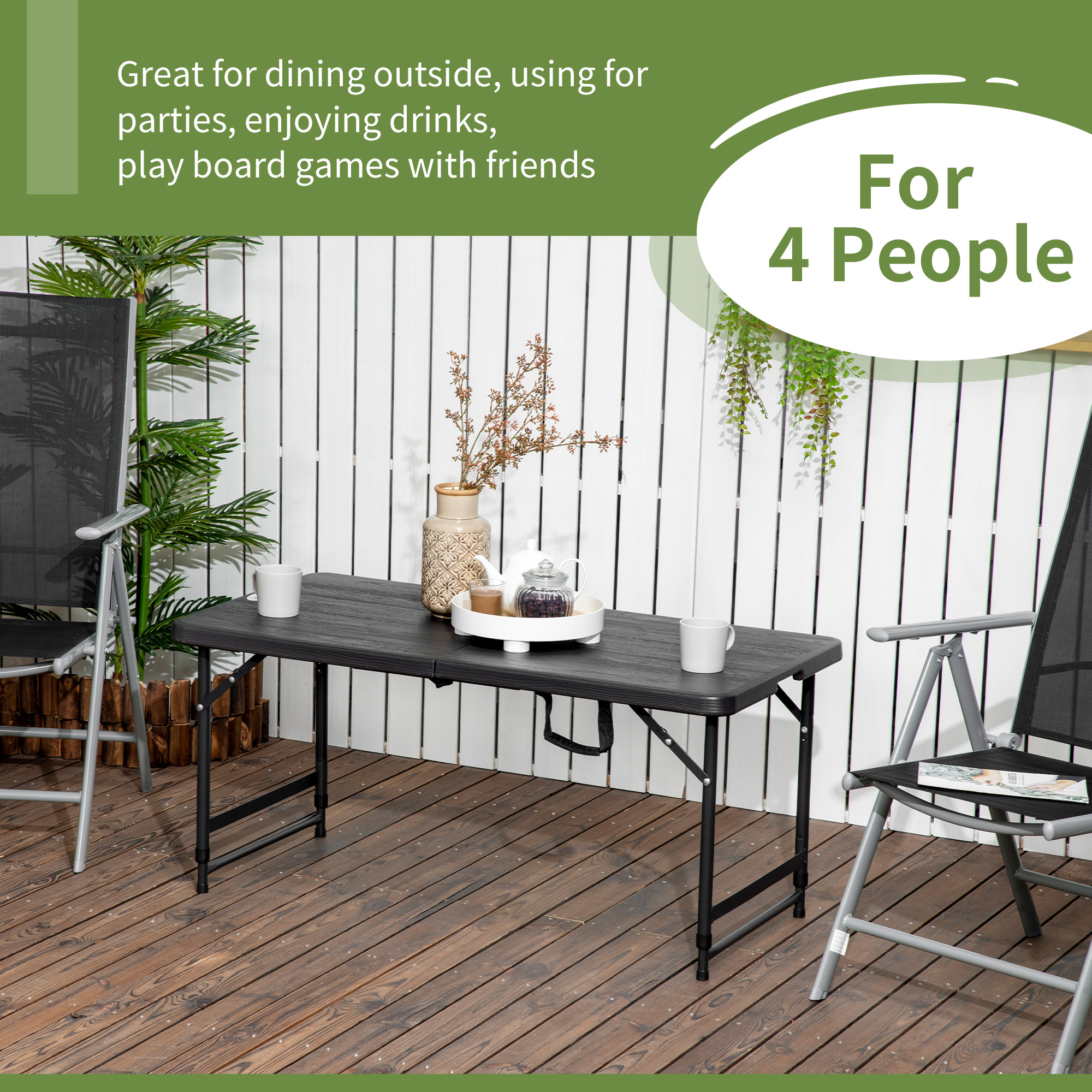 Outsunny Foldable Patio Dining Table for 4, Height Adjustable Outdoor ...