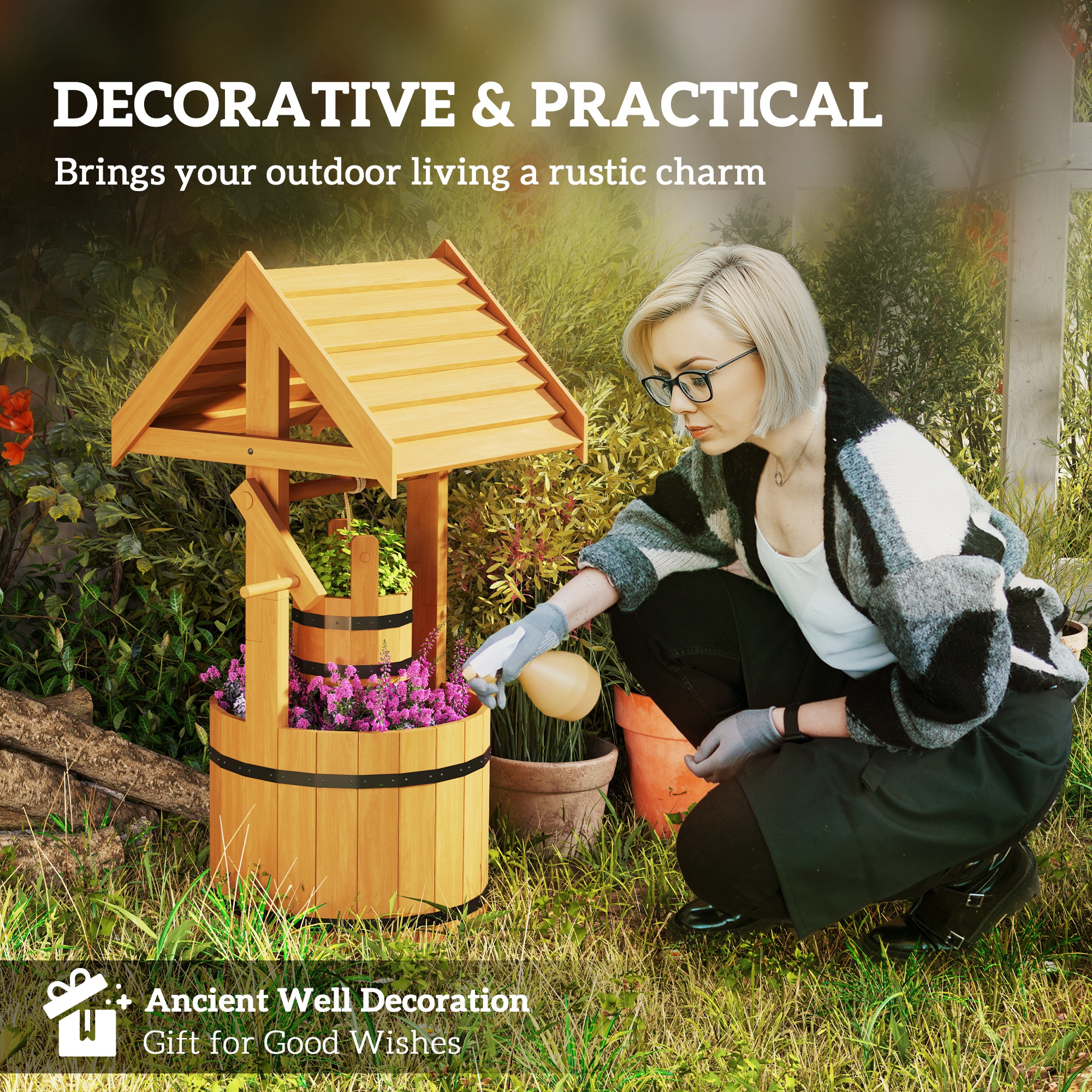 Outsunny Wood Wishing Well Outdoor Wooden Planter with Hanging Bucket ...