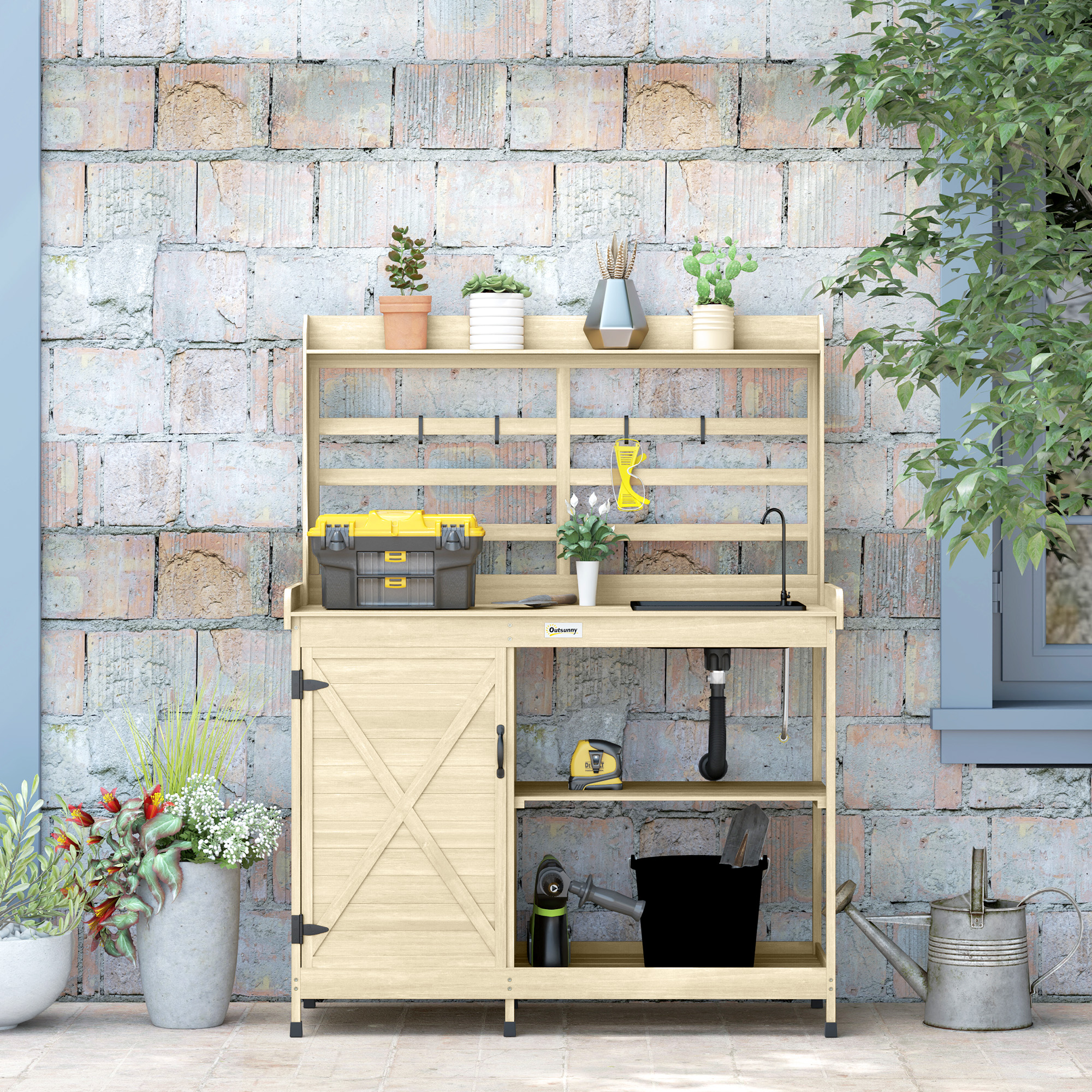 Outsunny Wooden Potting Bench with Storage, Sink, Water Tap for ...