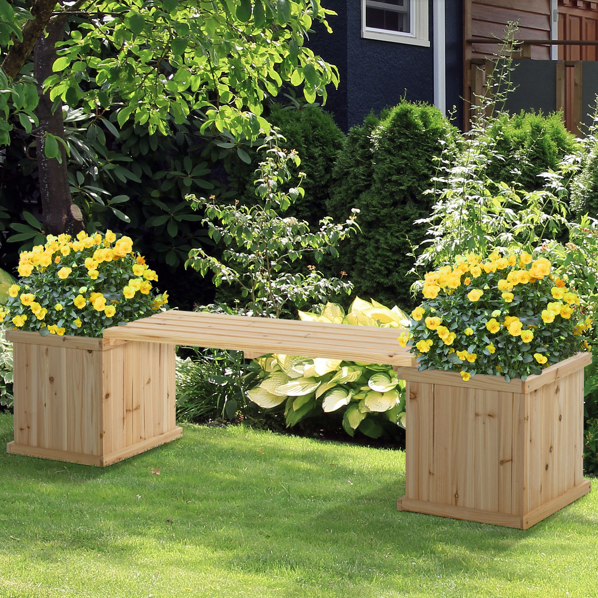 Outsunny Wooden Garden Planter with Bench Raised Garden Bed Bench for ...