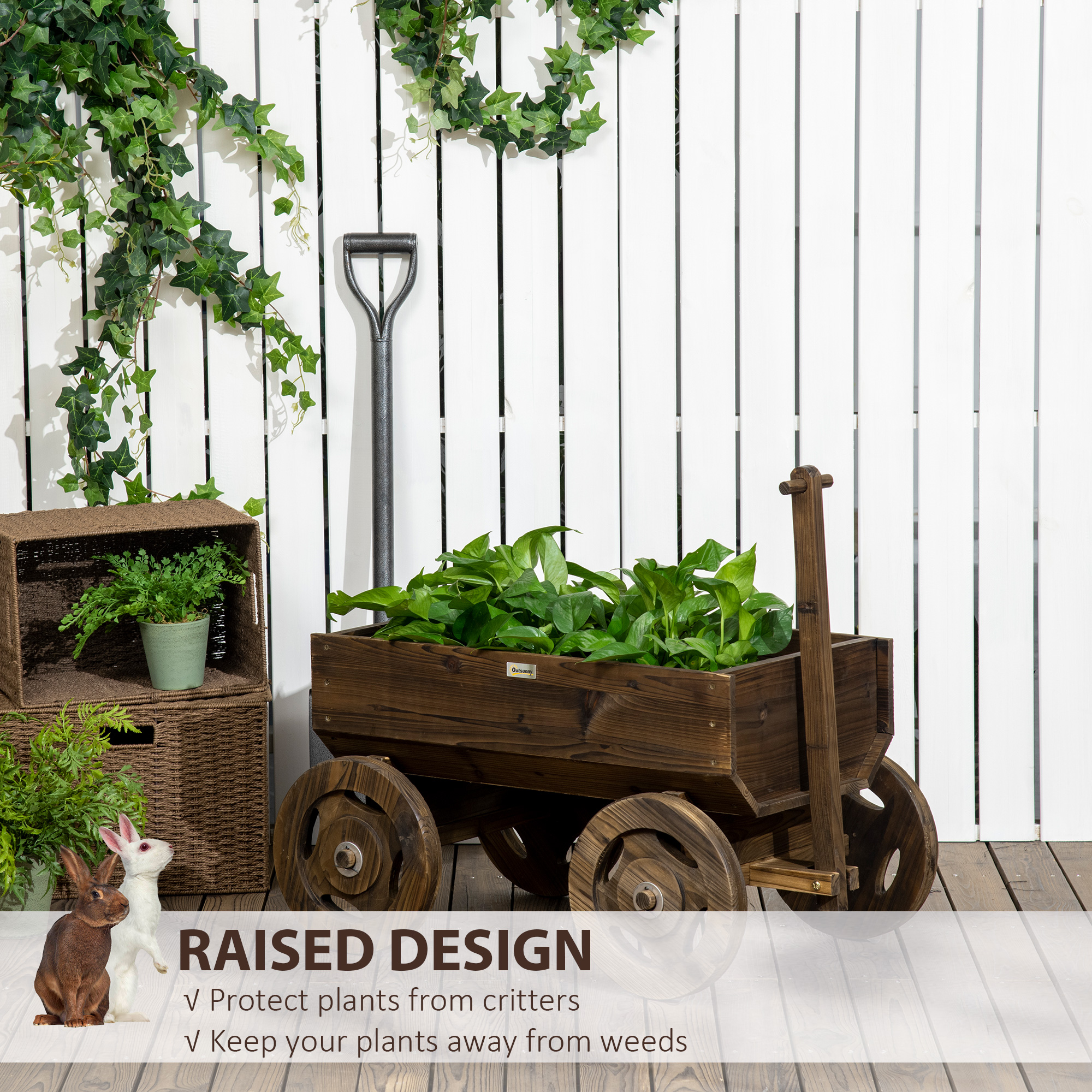 Outsunny Wooden Raised Garden Bed, Flower Cart w/ Wheels, Planters for ...