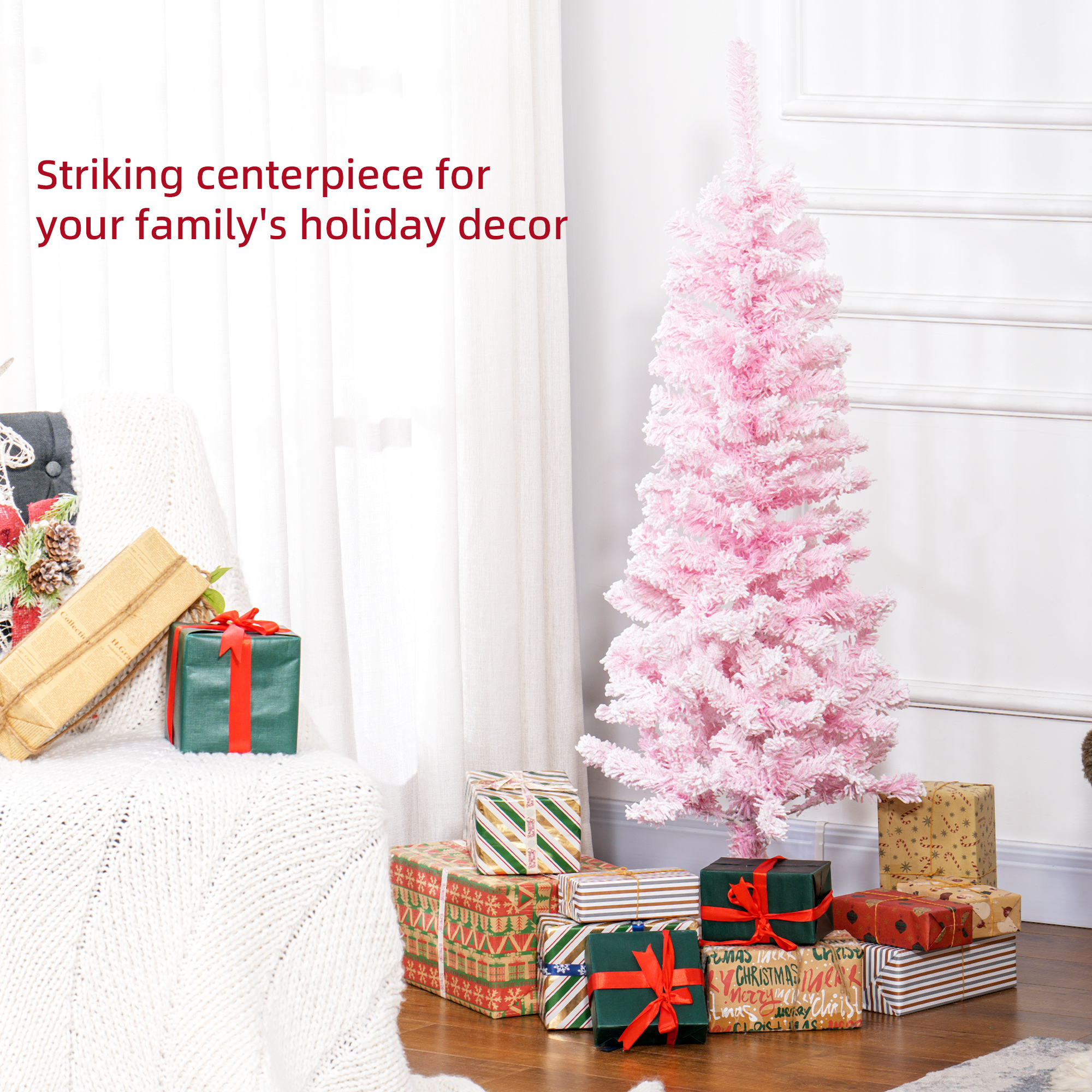 HOMCOM 4 ft Flocked Pencil Christmas Tree, Artificial Christmas Tree ...
