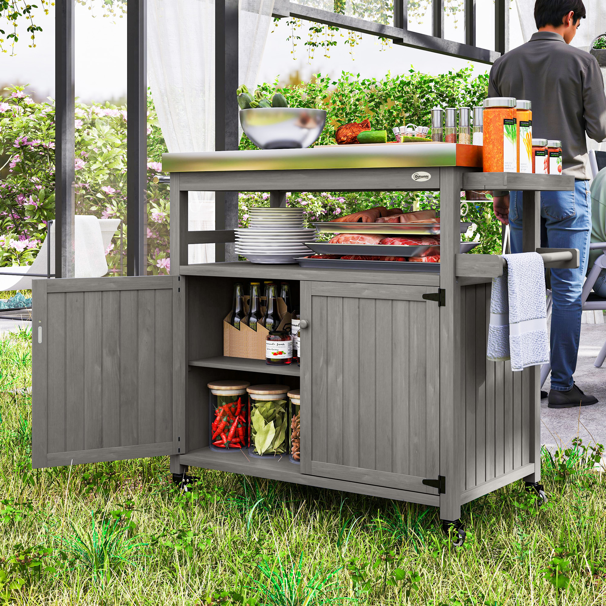 Outsunny Outdoor Grill Cart w/ Stainless Steel Top, Solid Wood Outdoor ...