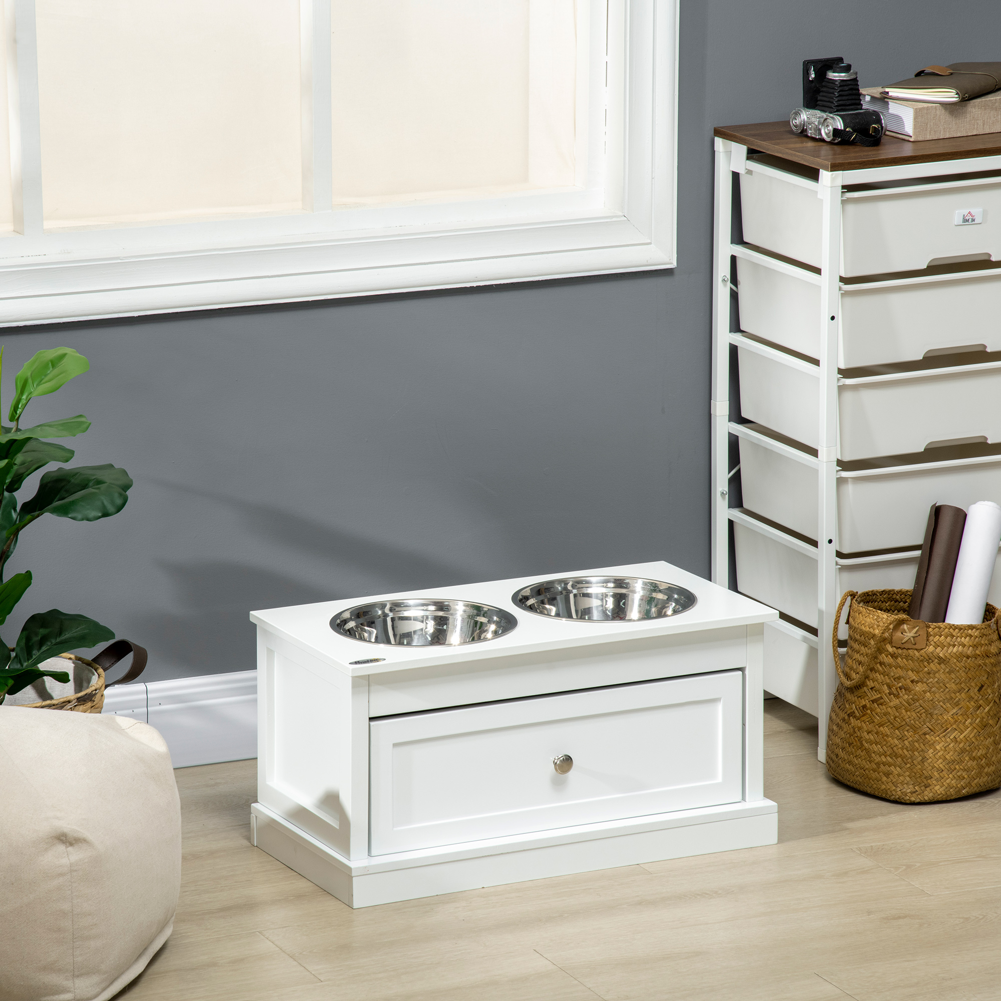 Large Modern Elevated Dog Bowls with Storage Drawer, White | Aosom.com