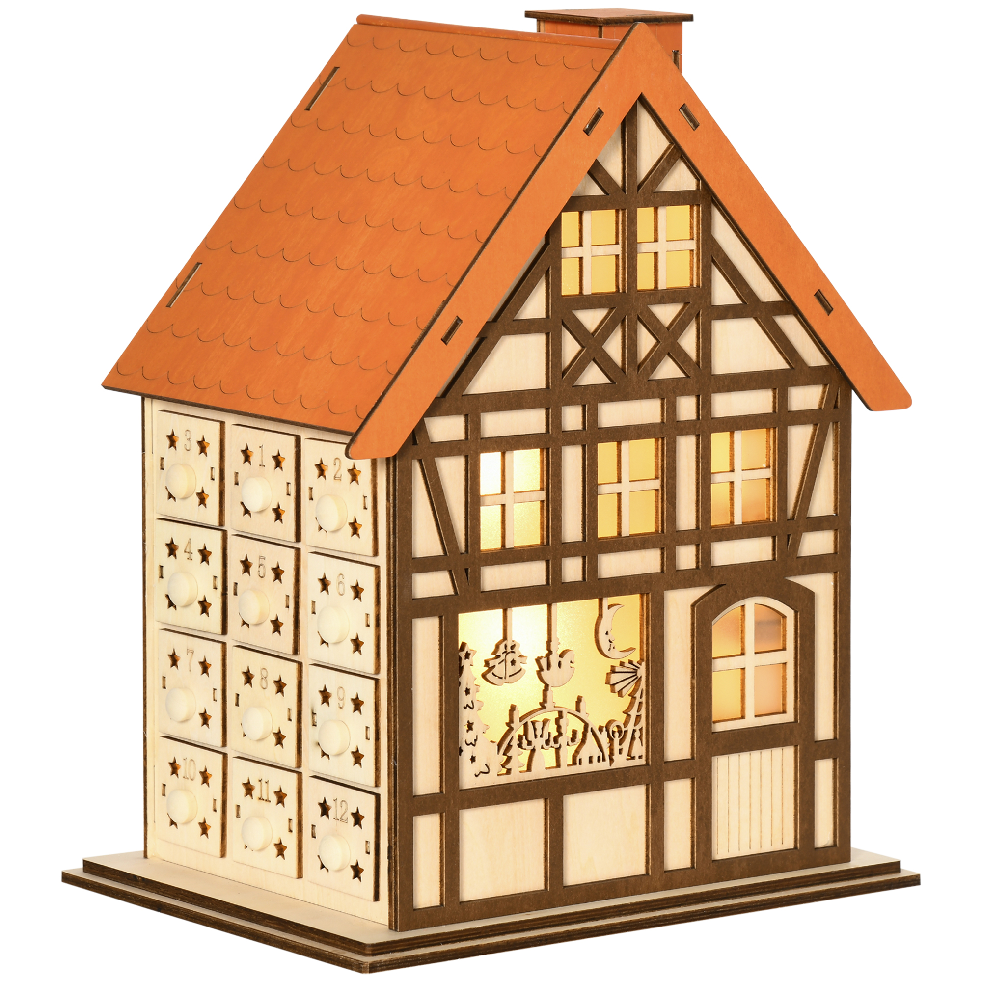 HOMCOM Wooden Christmas Advent Calendar House, Light Up Table Holiday ...