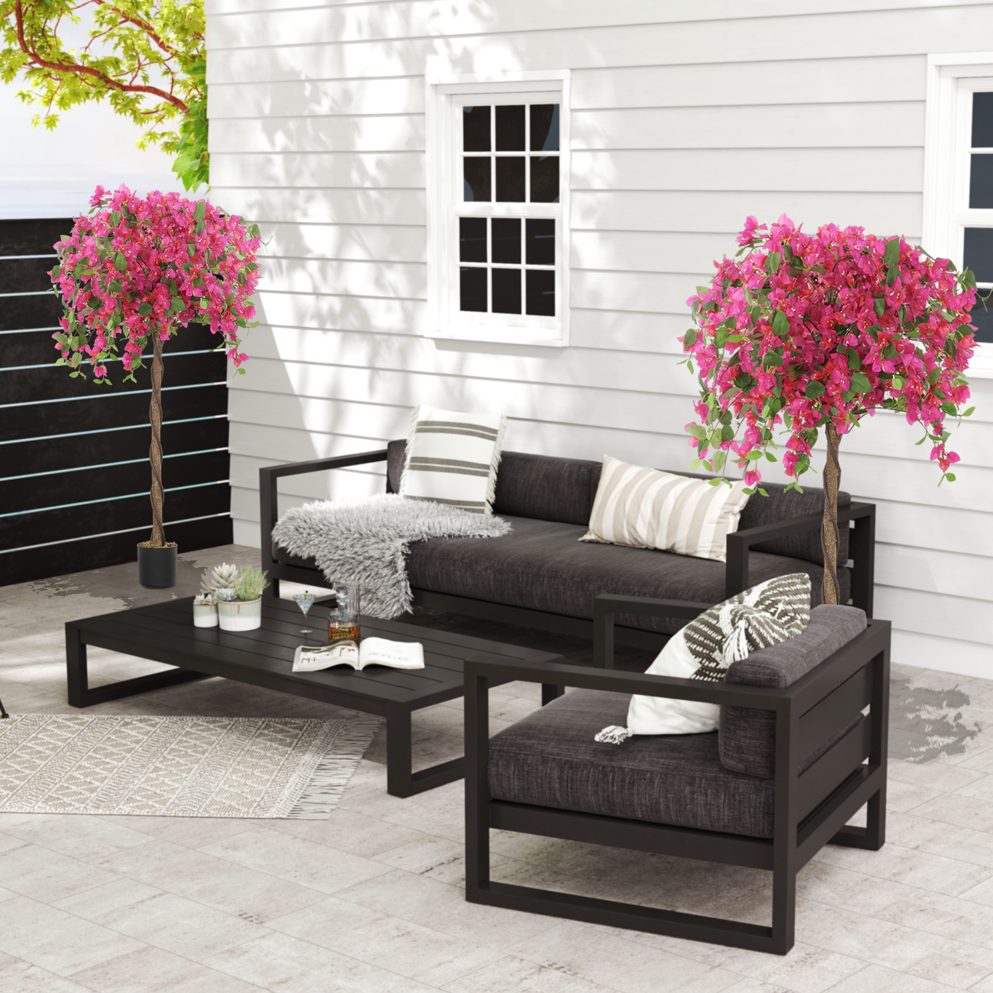 HOMCOM Set of 2 Decorative Artificial Plants, Murraya Flowers in Pots ...