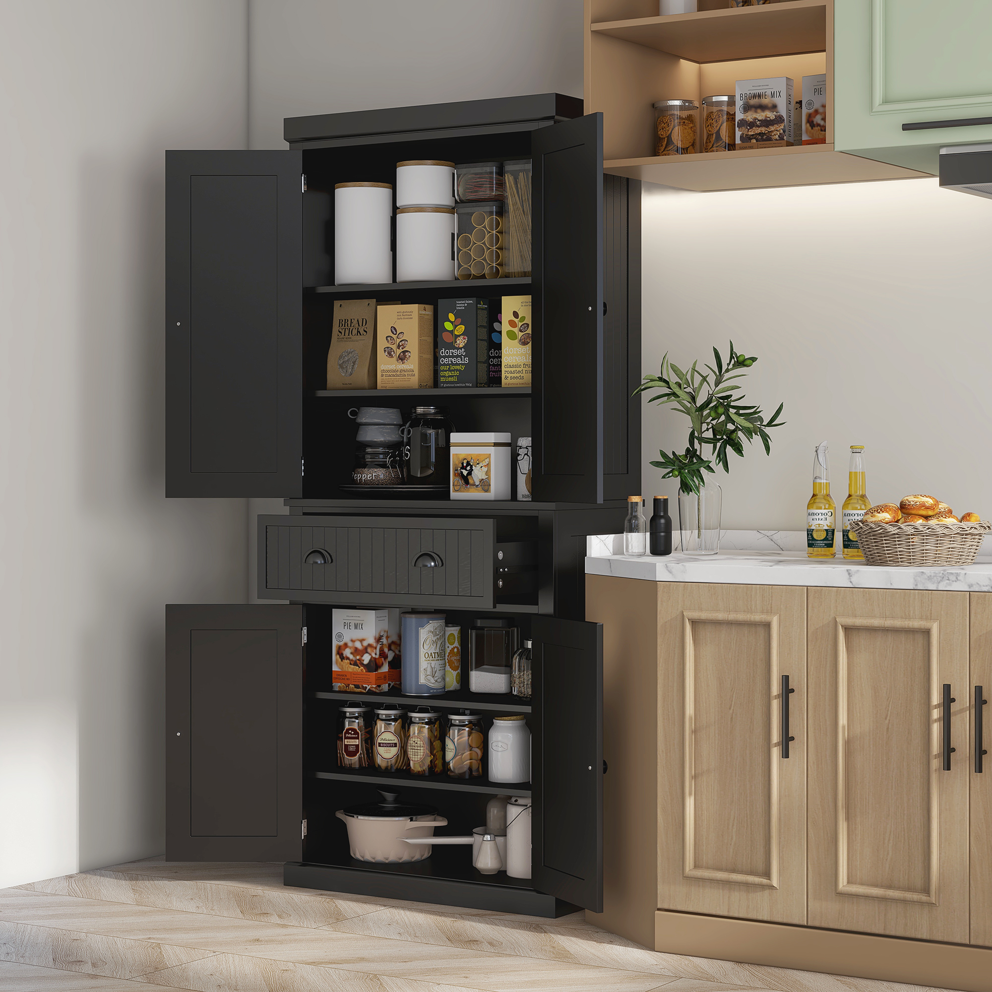HOMCOM Freestanding Kitchen Pantry Storage Cabinet Tall Cabinet with Drawer and Adjustable Shelves Black