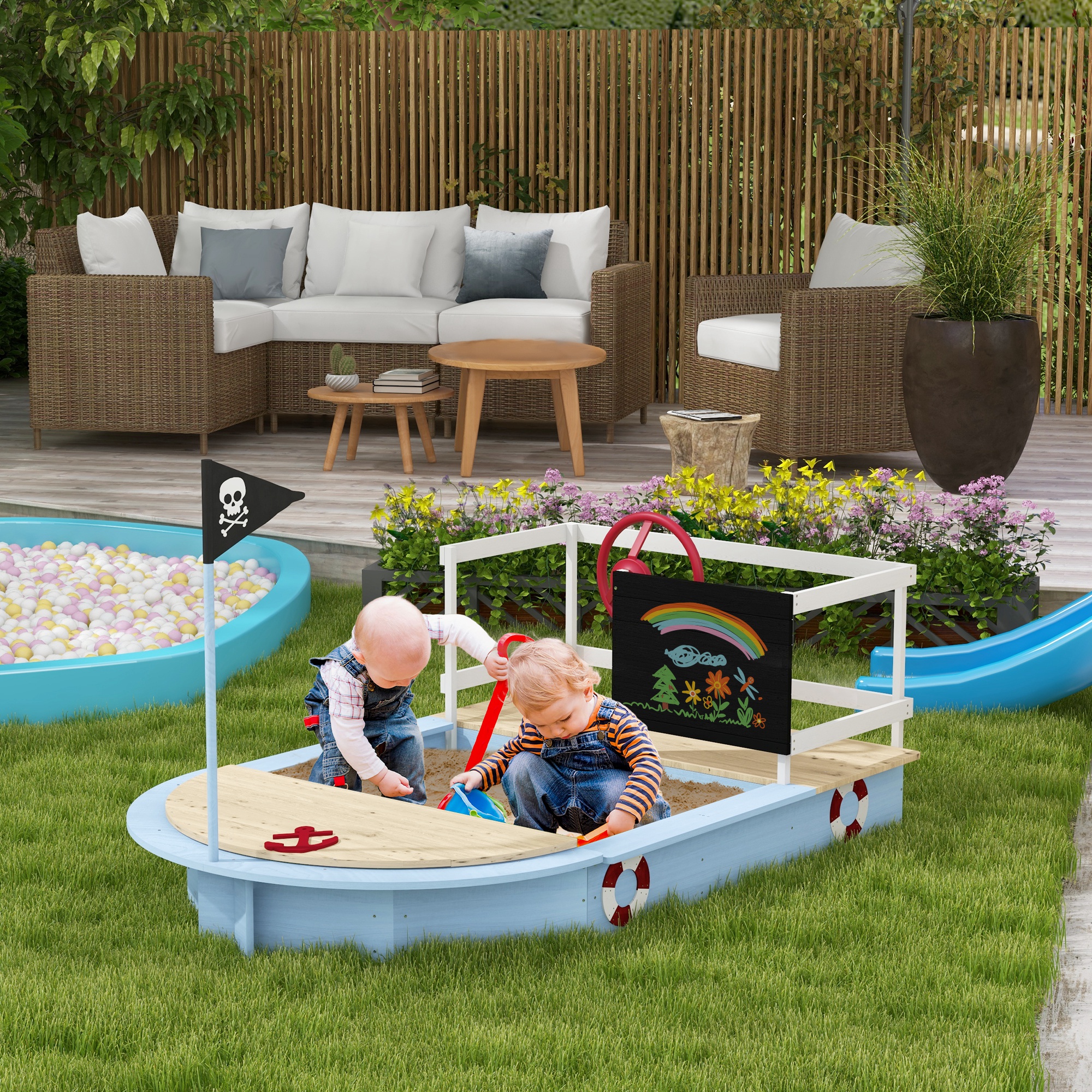 Outsunny Wooden Sandbox with Pirate Ship Design for 3-7 Years, Blue ...