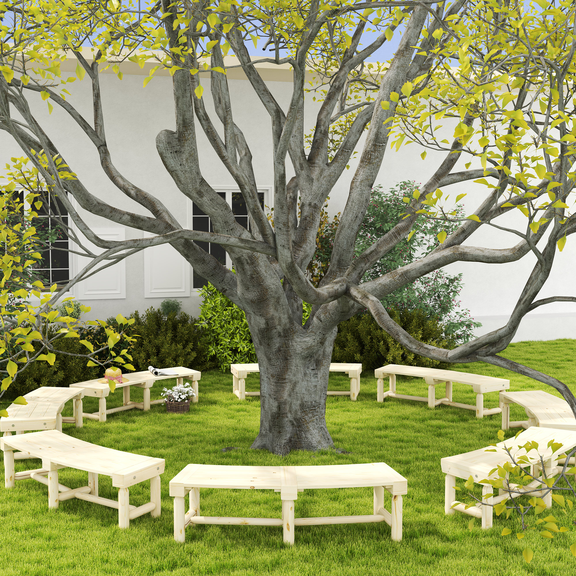 Outsunny Wooden Garden Bench, Semicircular Round Outdoor Tree Bench ...