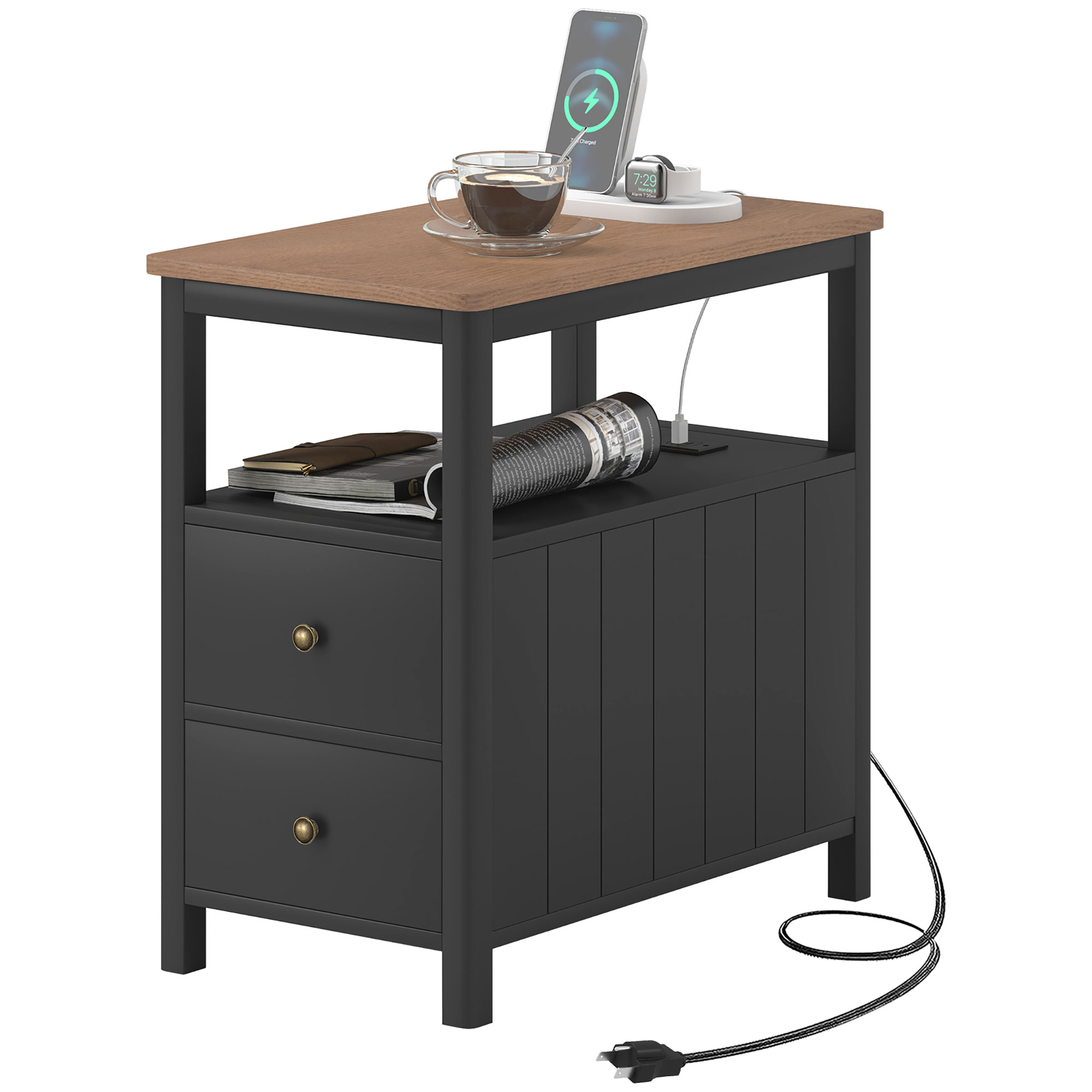 HOMCOM Side Table with Charging Station and USB Ports, Narrow End Table ...