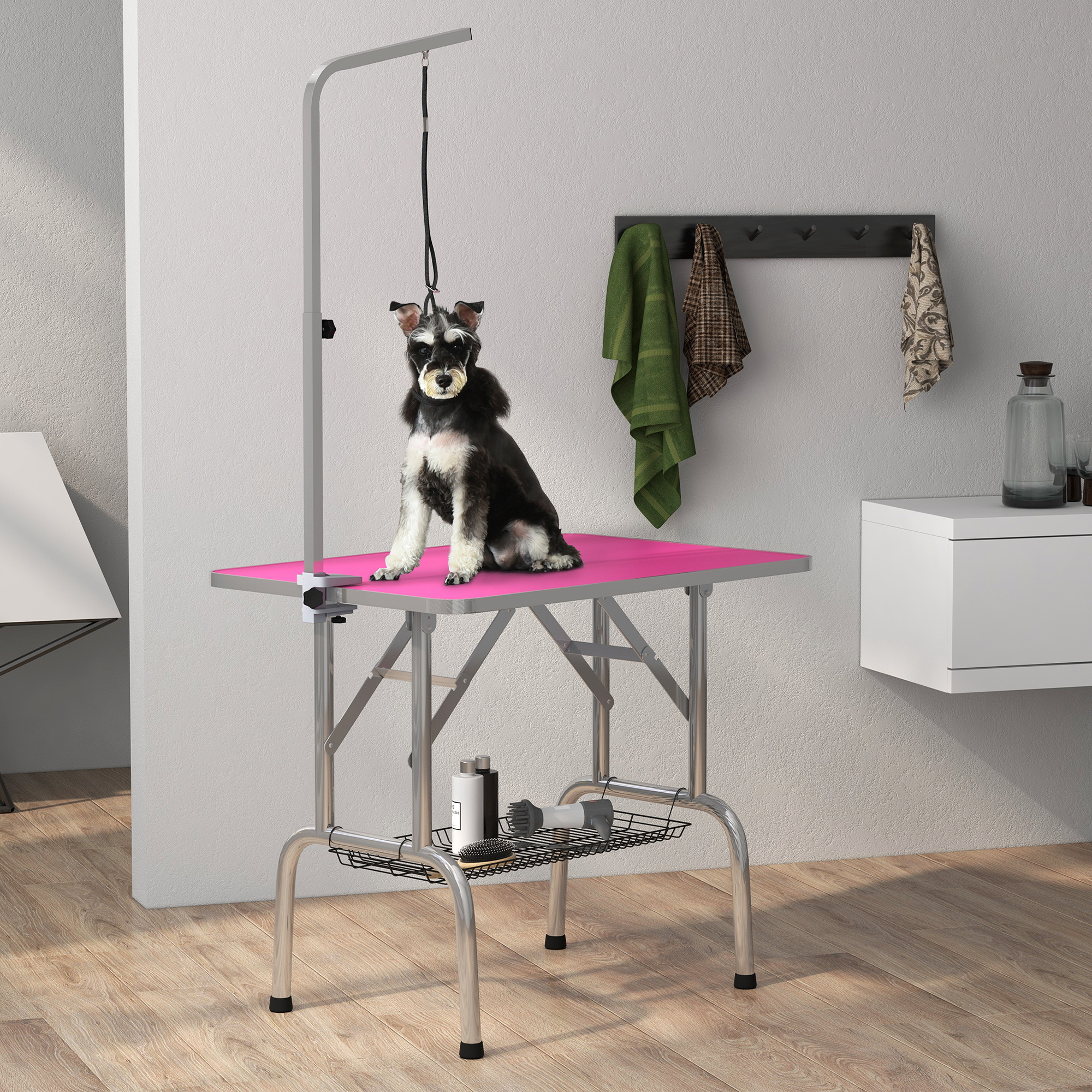 PawHut Stainless Steel Foldable Pet Dog Grooming Table with Adjustable ...