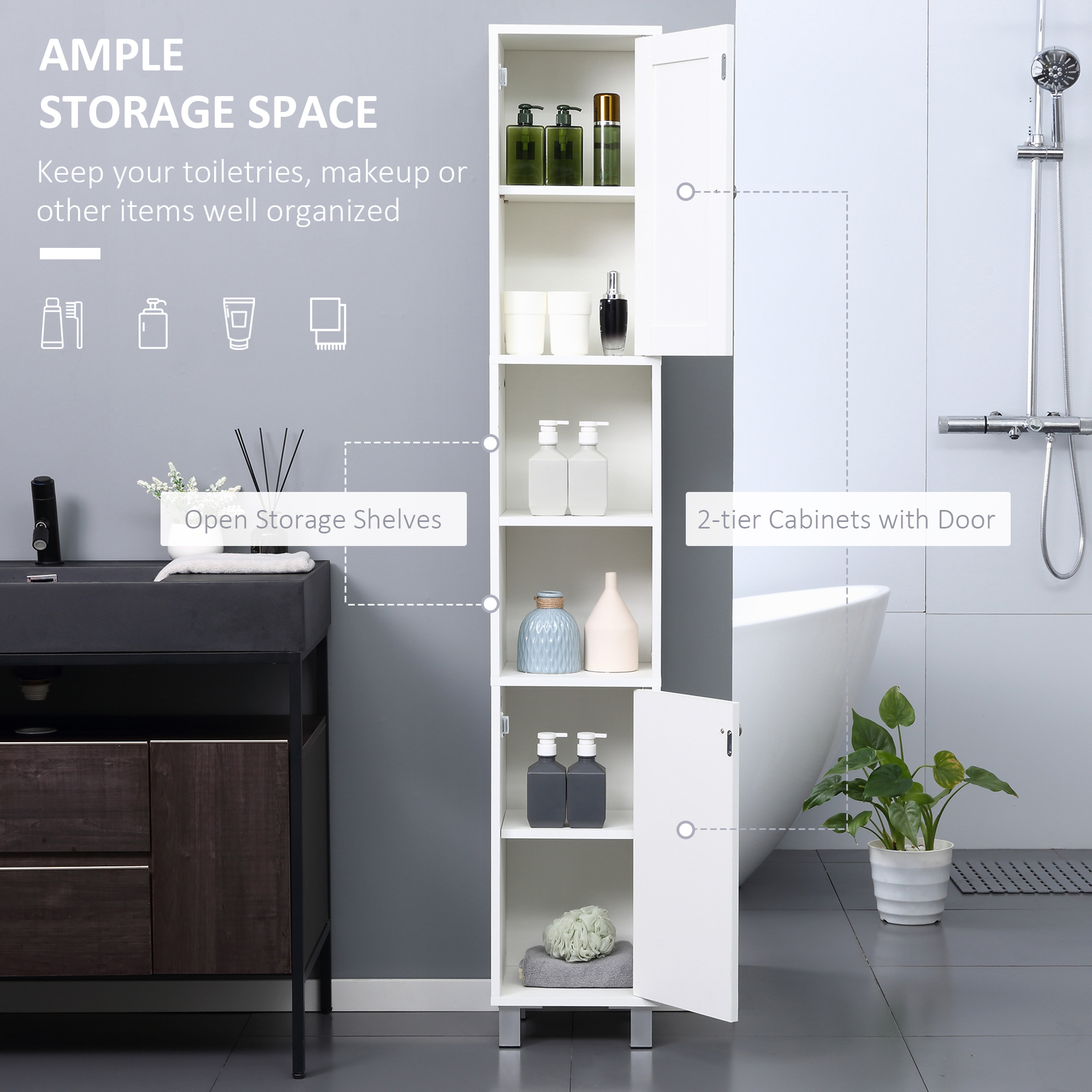 kleankin Tall Bathroom Storage Cabinet with Mirror Freestanding Narrow Linen Tower Cabinet with Adjustable Shelves for Bathroom White