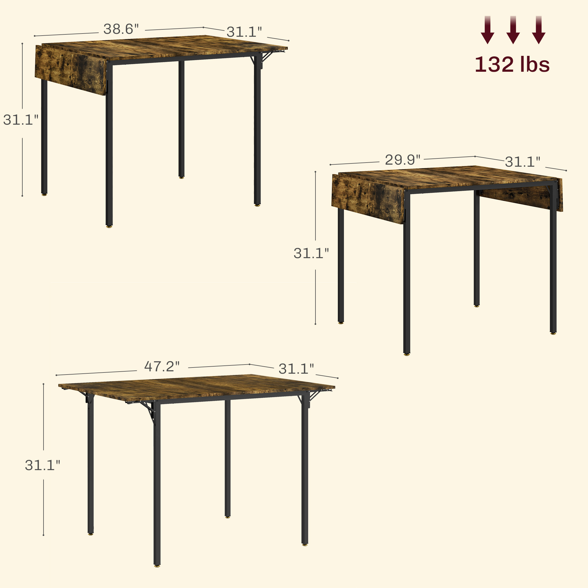 HOMCOM Folding Dining Table for 2 to 4 People, Industrial Drop Leaf ...