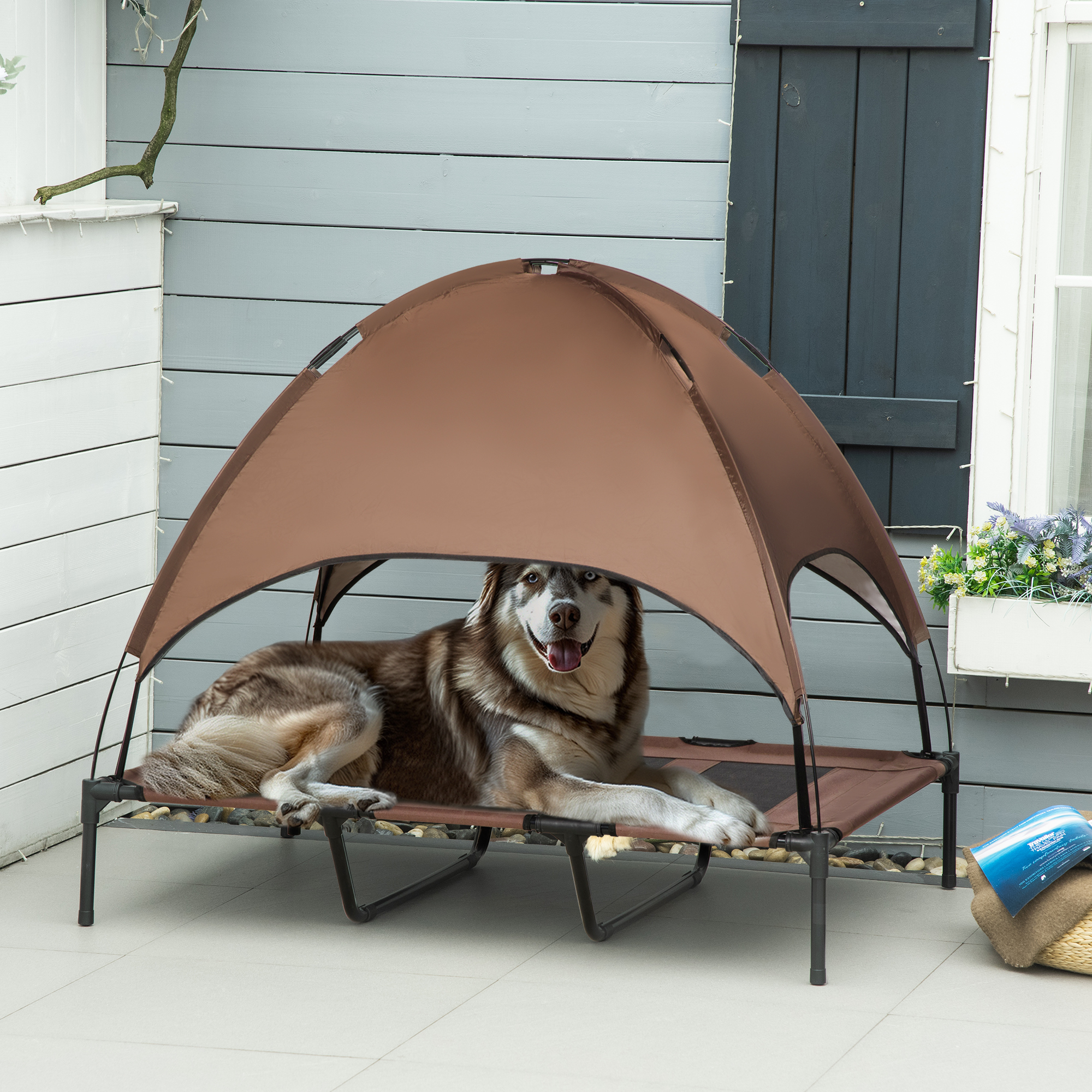 PawHut Elevated Pet Bed Dog Cot Portable Outdoor&Indoor Cot Tent Canopy ...