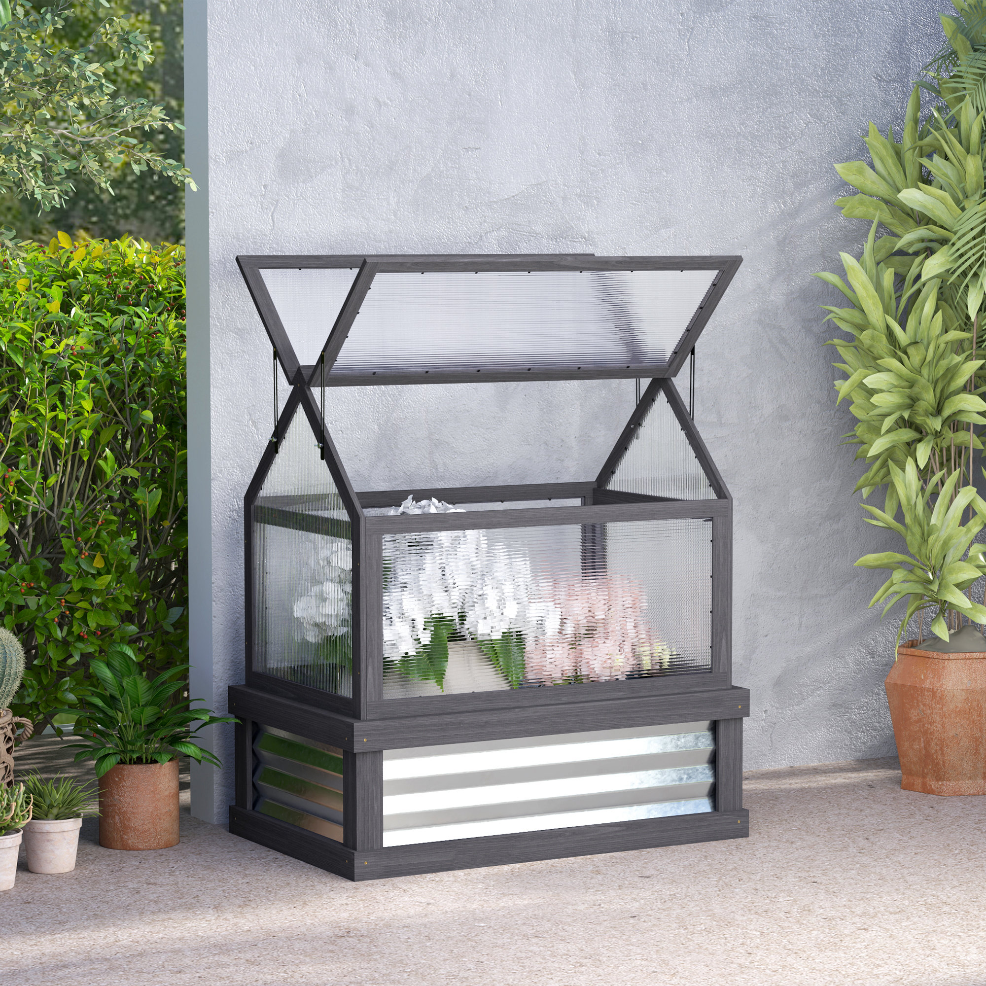 Outsunny Raised Garden Flower Bed Kit with Greenhouse, Wooden Cold ...