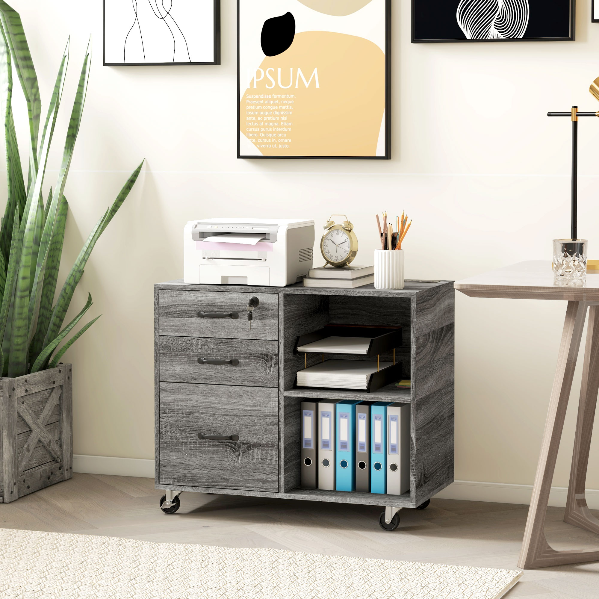 HOMCOM Mobile Printer Stand with Charging Station USB Ports Locking ...