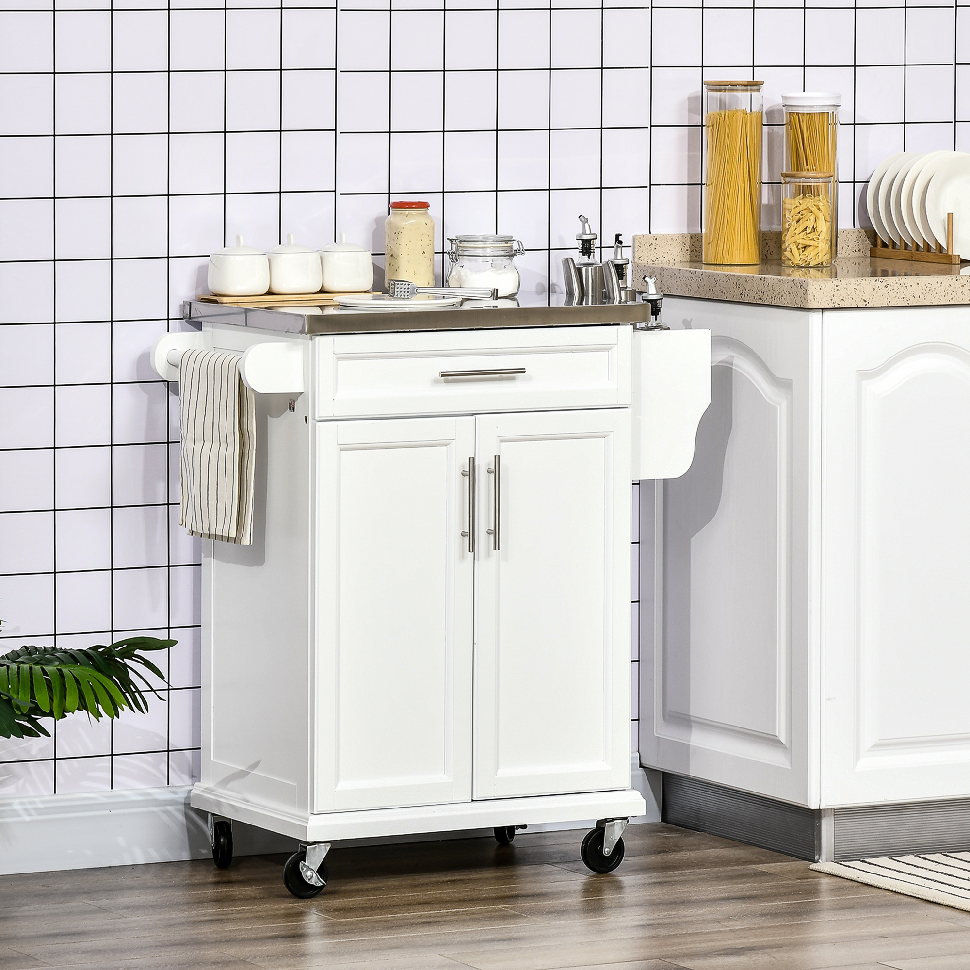 HOMCOM Kitchen Island on Wheels, Rolling Kitchen Cart with Stainless ...