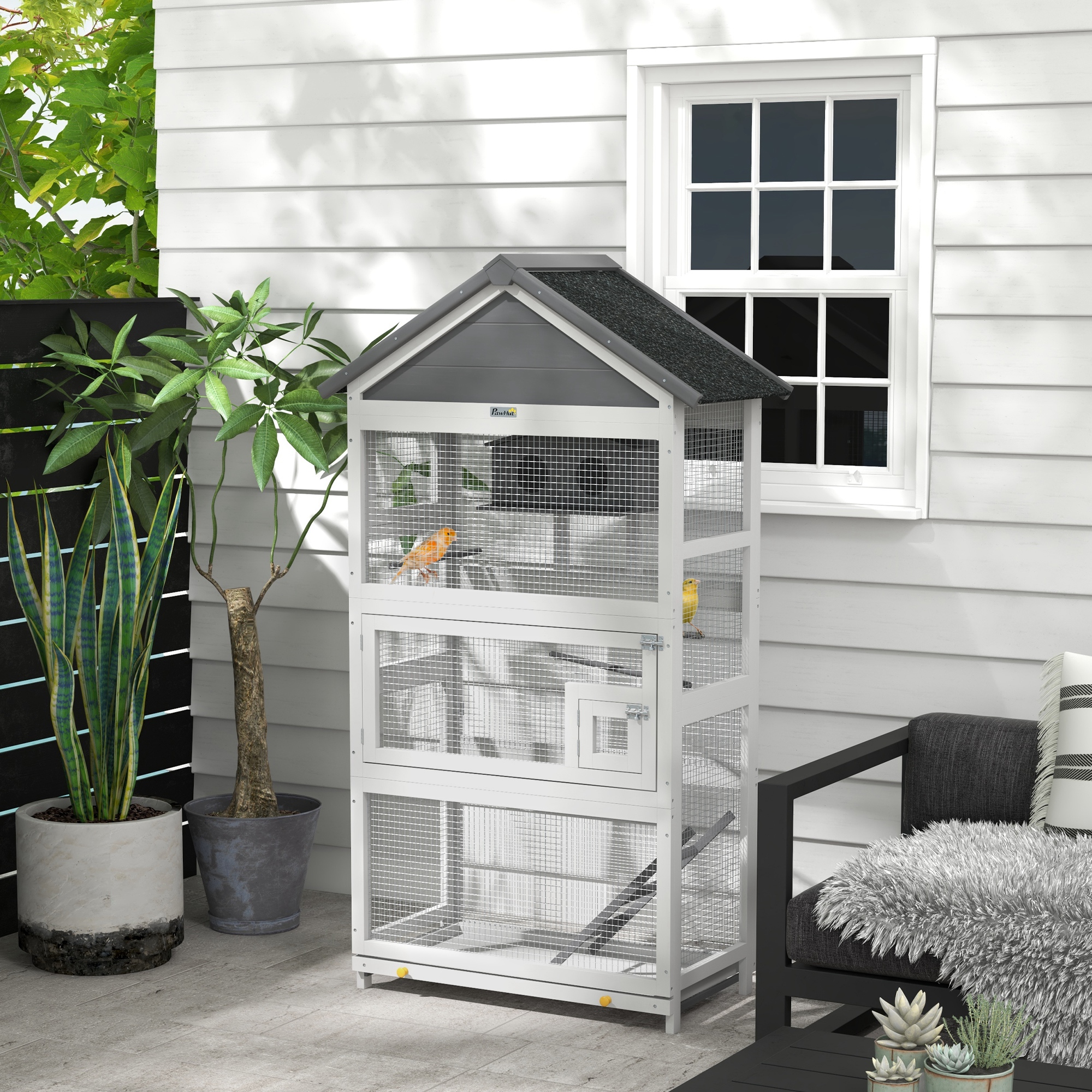 PawHut Wooden Bird Aviary with Slide-Out Tray, Birdhouse, Ladder ...