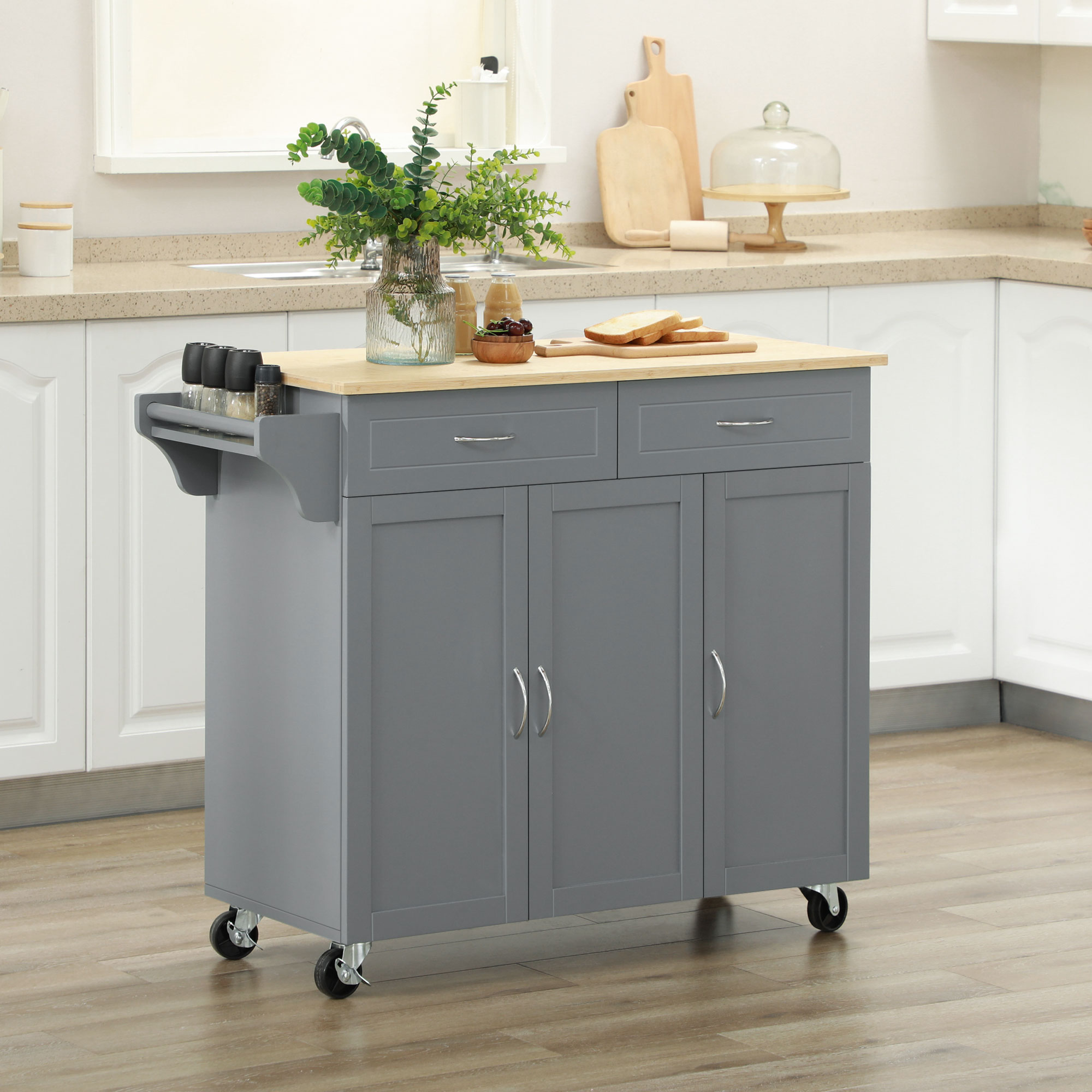 HOMCOM Kitchen Cart with Storage, Rolling Kitchen Island on Wheels with ...
