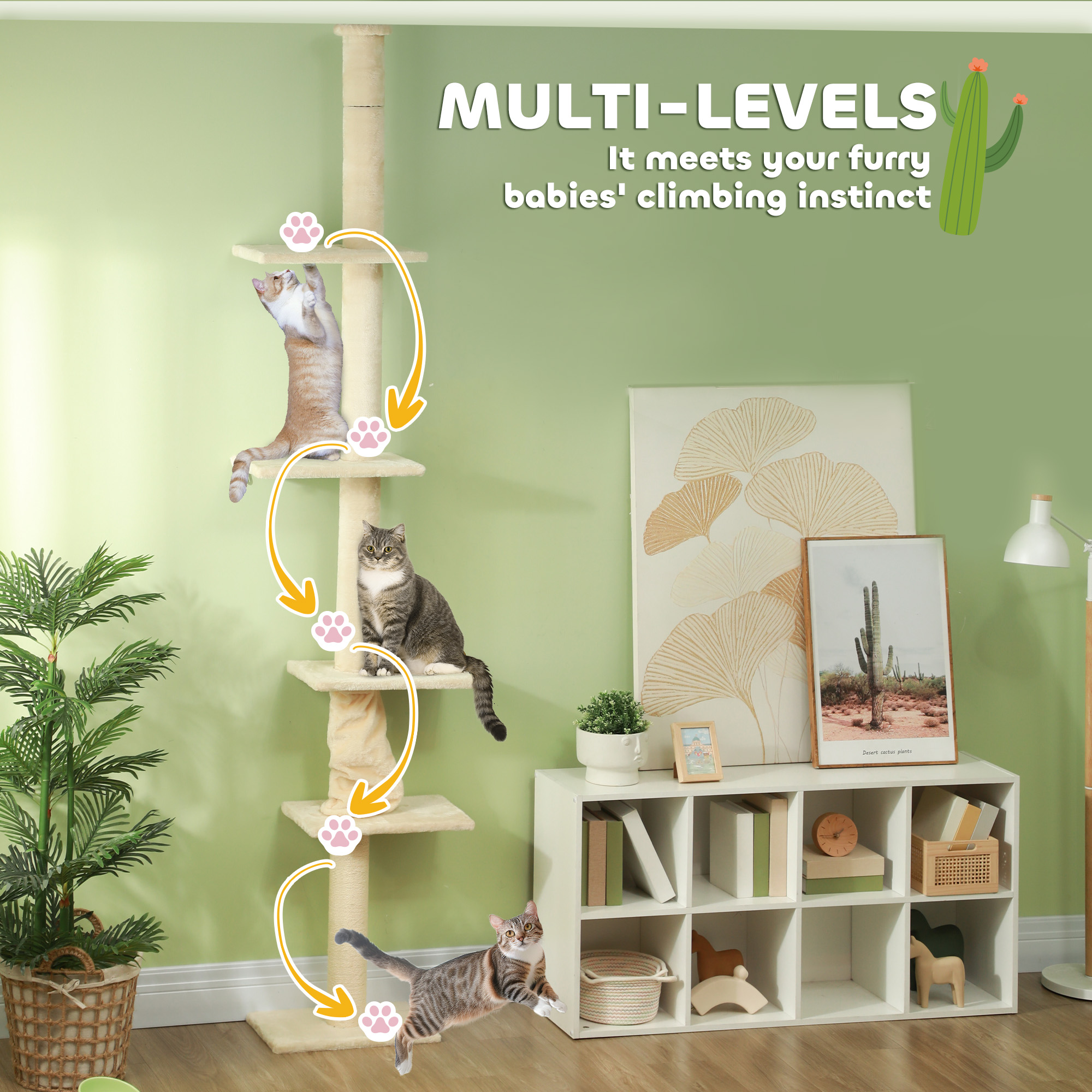 PawHut 89"-108" Floor to Ceiling Cat Tree with Scratching Post, Hand ...