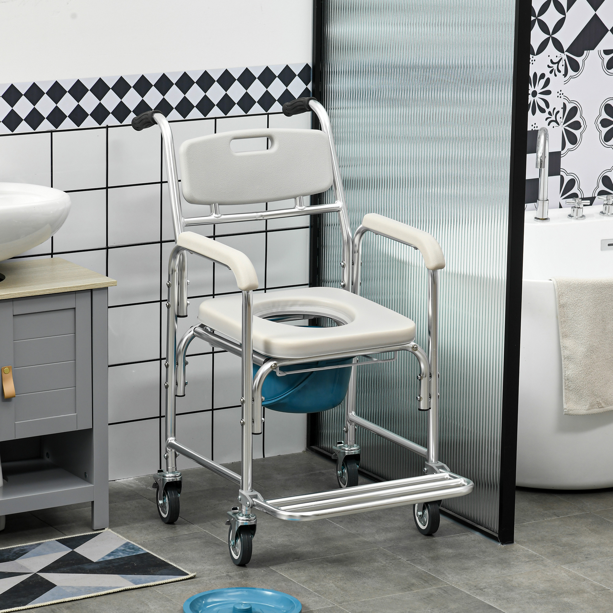 HOMCOM 3 in 1 Shower Commode Wheelchair, Transport Beside Commode Chair ...