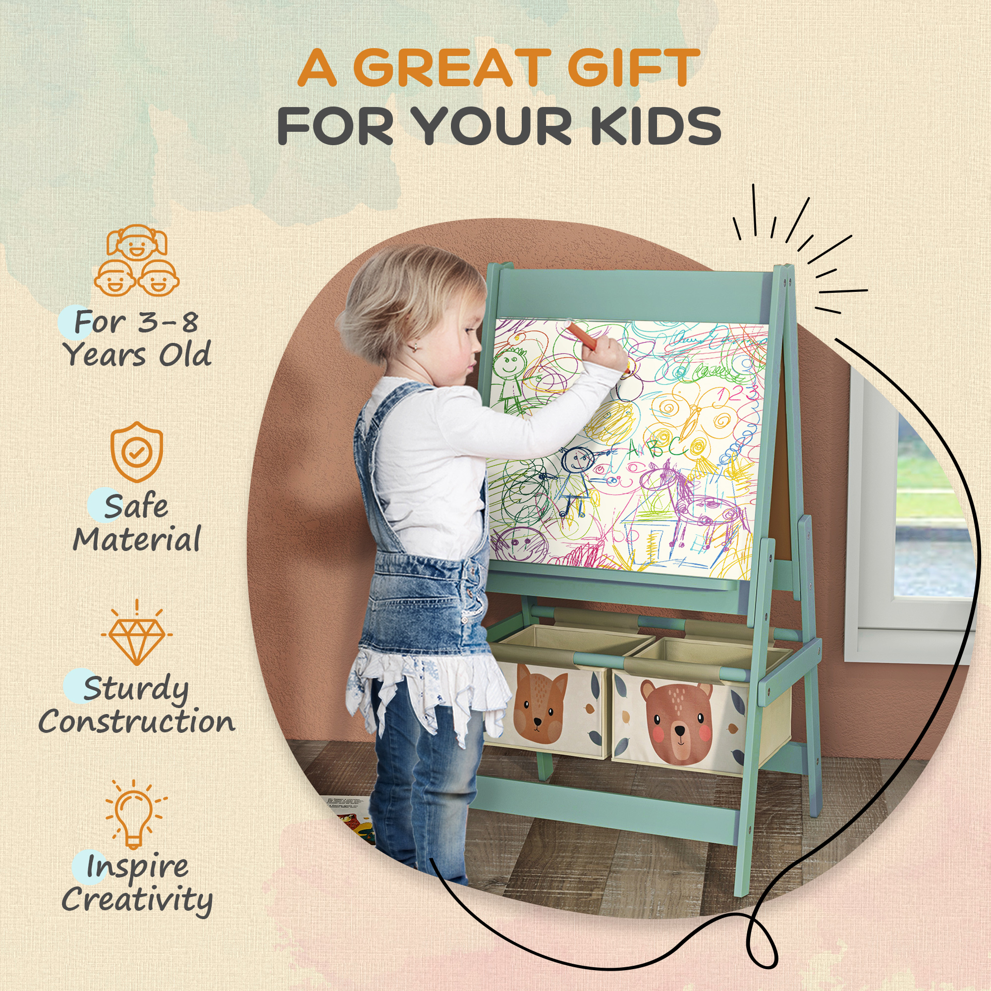 Qaba Art Easel for Kids with Paper Roll, Blackboard, Whiteboard ...