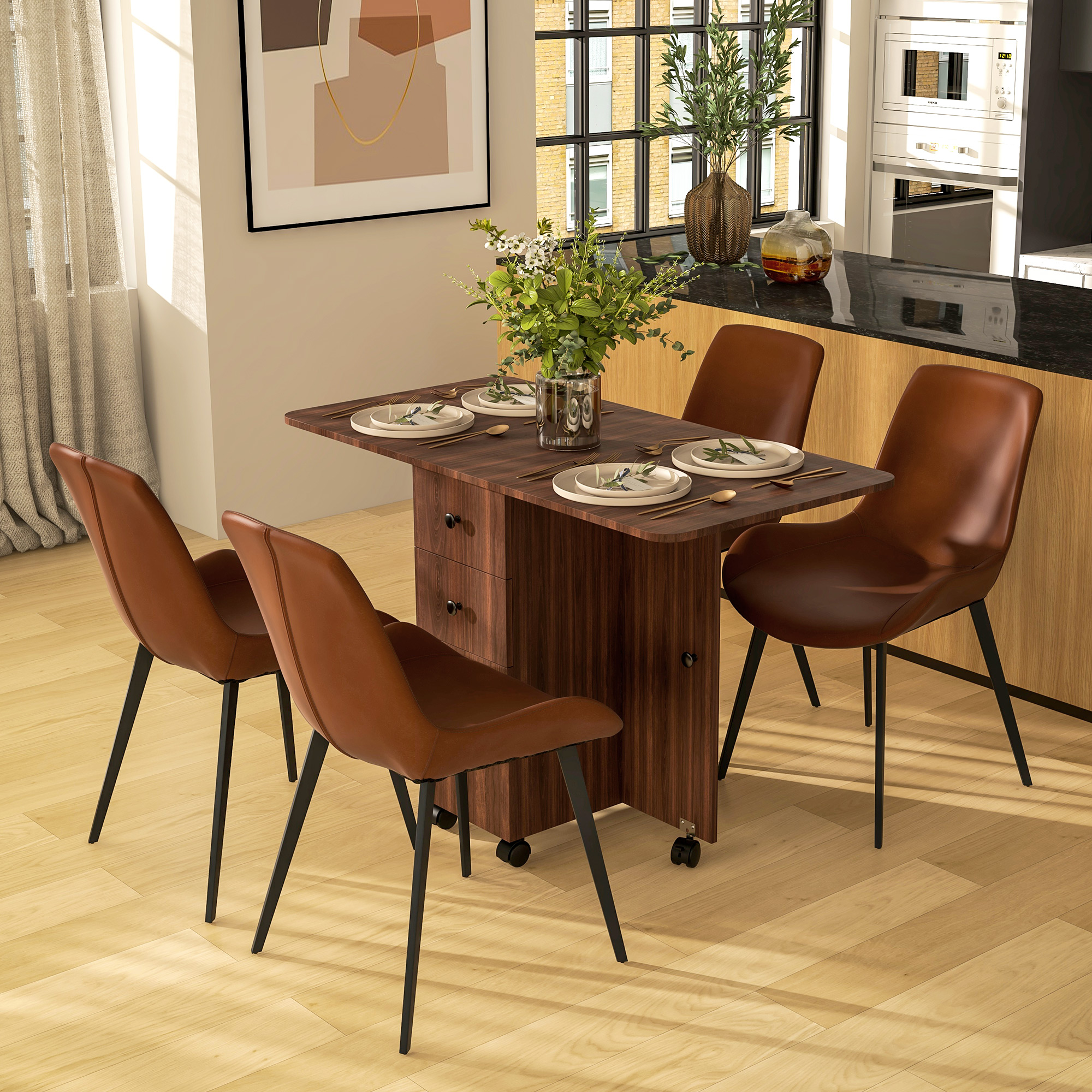 HOMCOM Drop Leaf Dining Table, Mobile Folding Table on Wheels with ...
