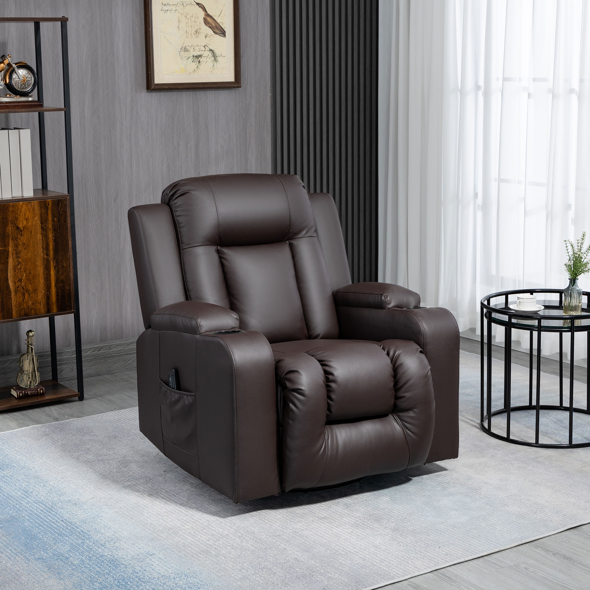 HOMCOM Massage Recliner Chair for Living Room with 8 Vibration Overstuffed PU Leather Manual Reclining Chair with Wide Seat Cup Holders 360 Swivel