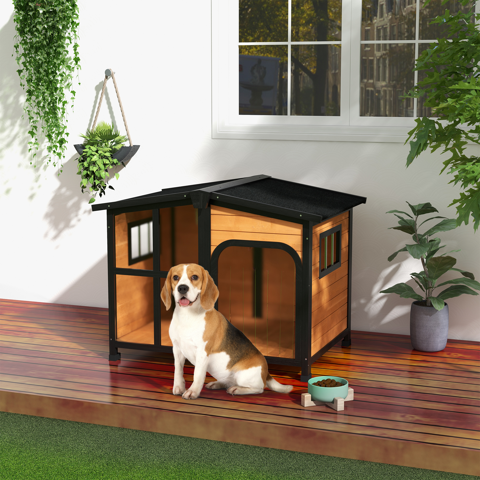 PawHut Cabin-Style Wooden Dog House for Large Dogs with Openable Roof ...