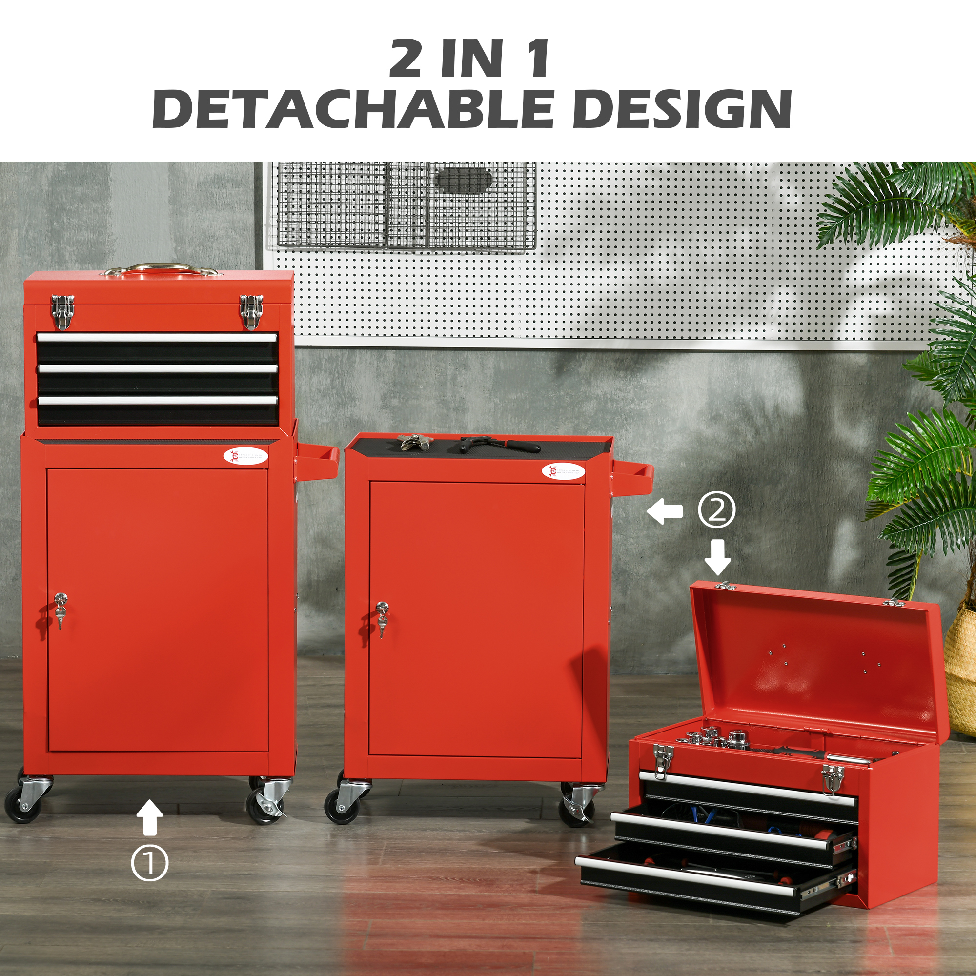DURHAND 2 In 1 Detachable Tool Box and Tool Cabinet, 3-Drawer Rolling ...
