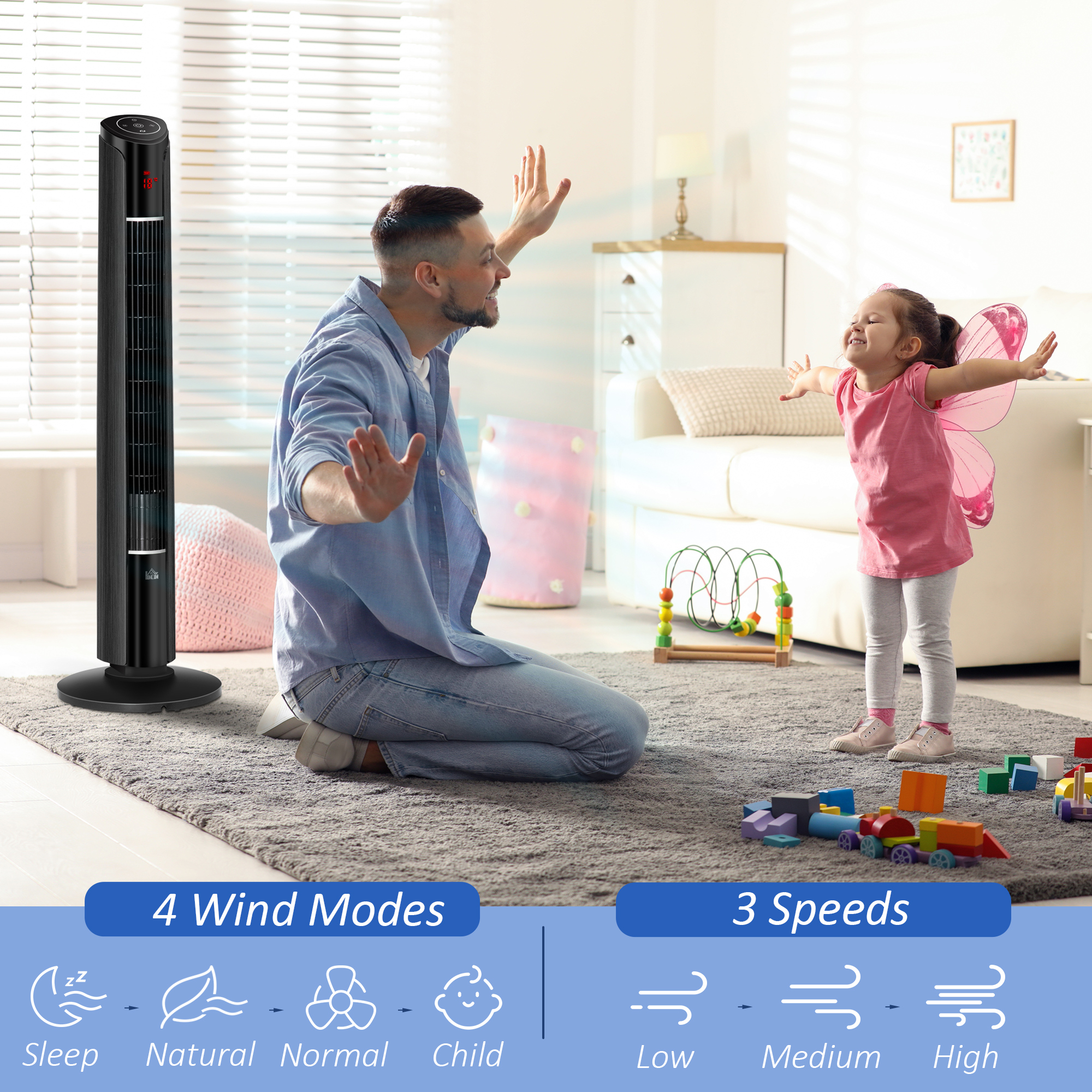 HOMCOM Freestanding Tower Fan Cooling for Home Bedroom with 3 Speed ...