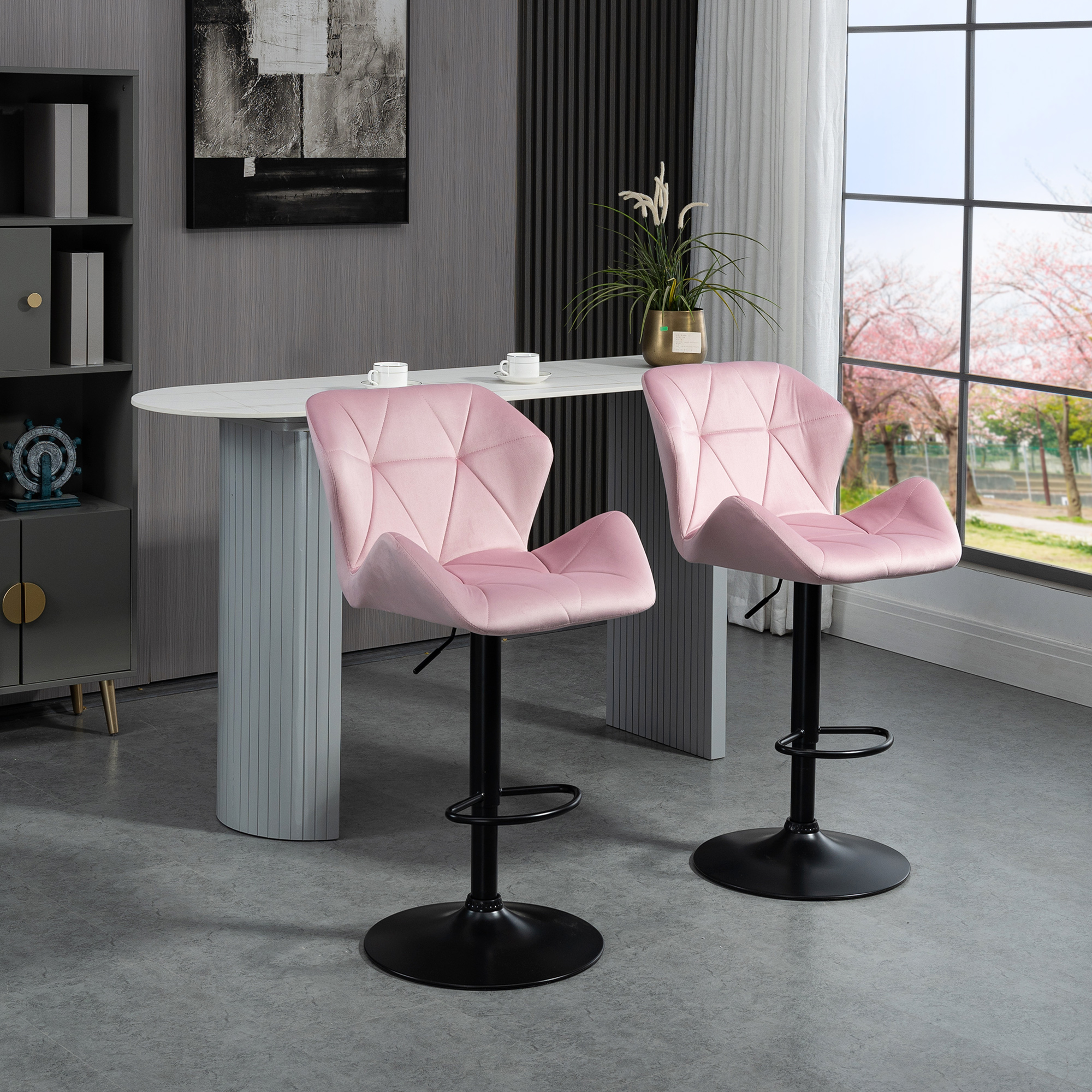 HOMCOM Velvet-Touch Bar Stool Set of 2 Fabric Adjustable Height Armless ...
