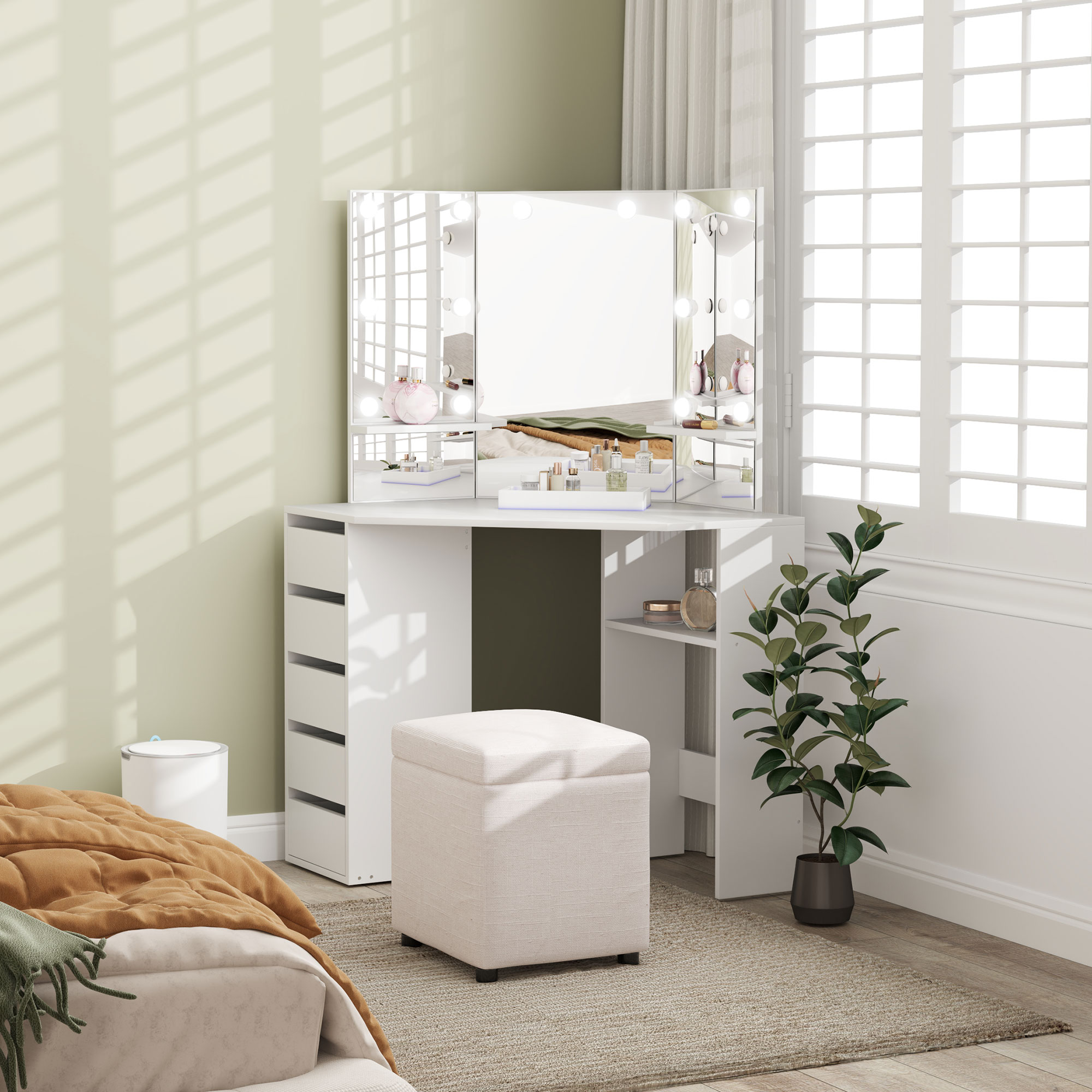HOMCOM Makeup Vanity Desk with 3-Panel Mirror and 10 LED Lights ...