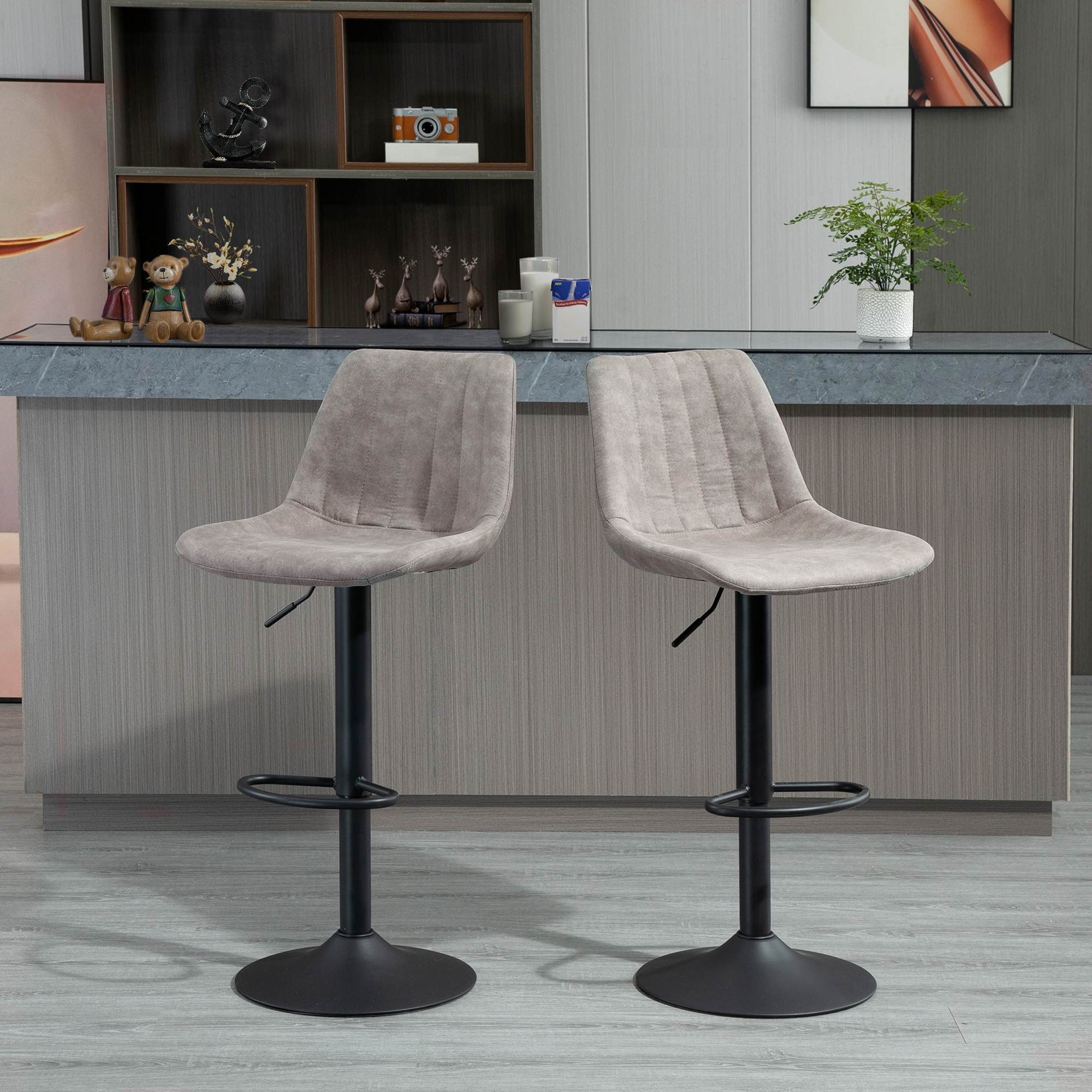HOMCOM Adjustable Bar Stools Set of 2, Microfiber Swivel Barstools with ...