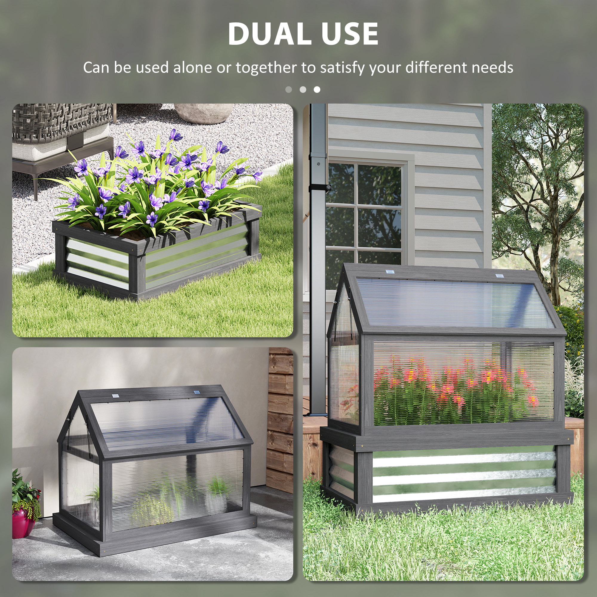 Outsunny Raised Garden Flower Bed Kit with Greenhouse, Wooden Cold ...