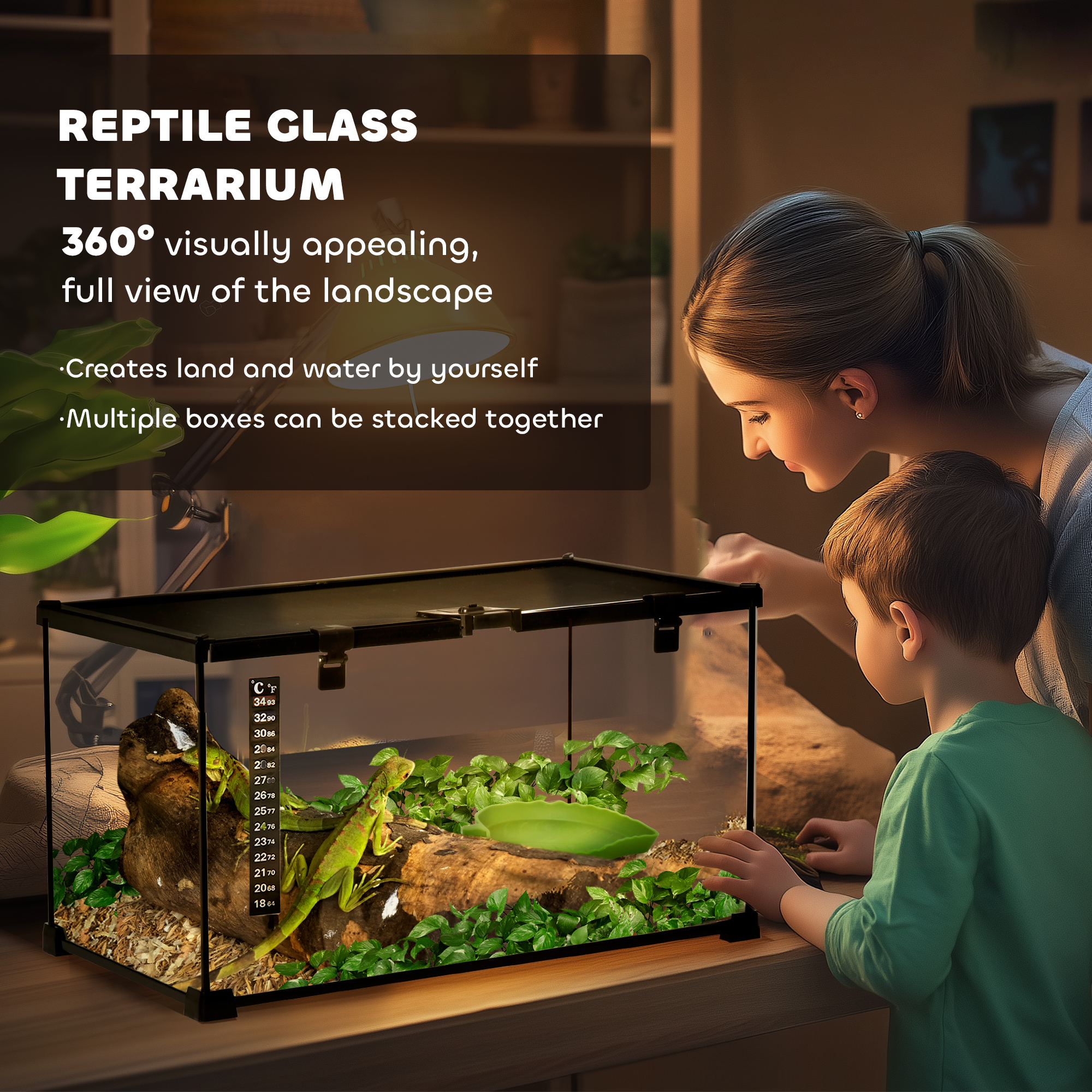 PawHut Glass Reptile Terrarium with Thermometer, Water Basin, Full View ...