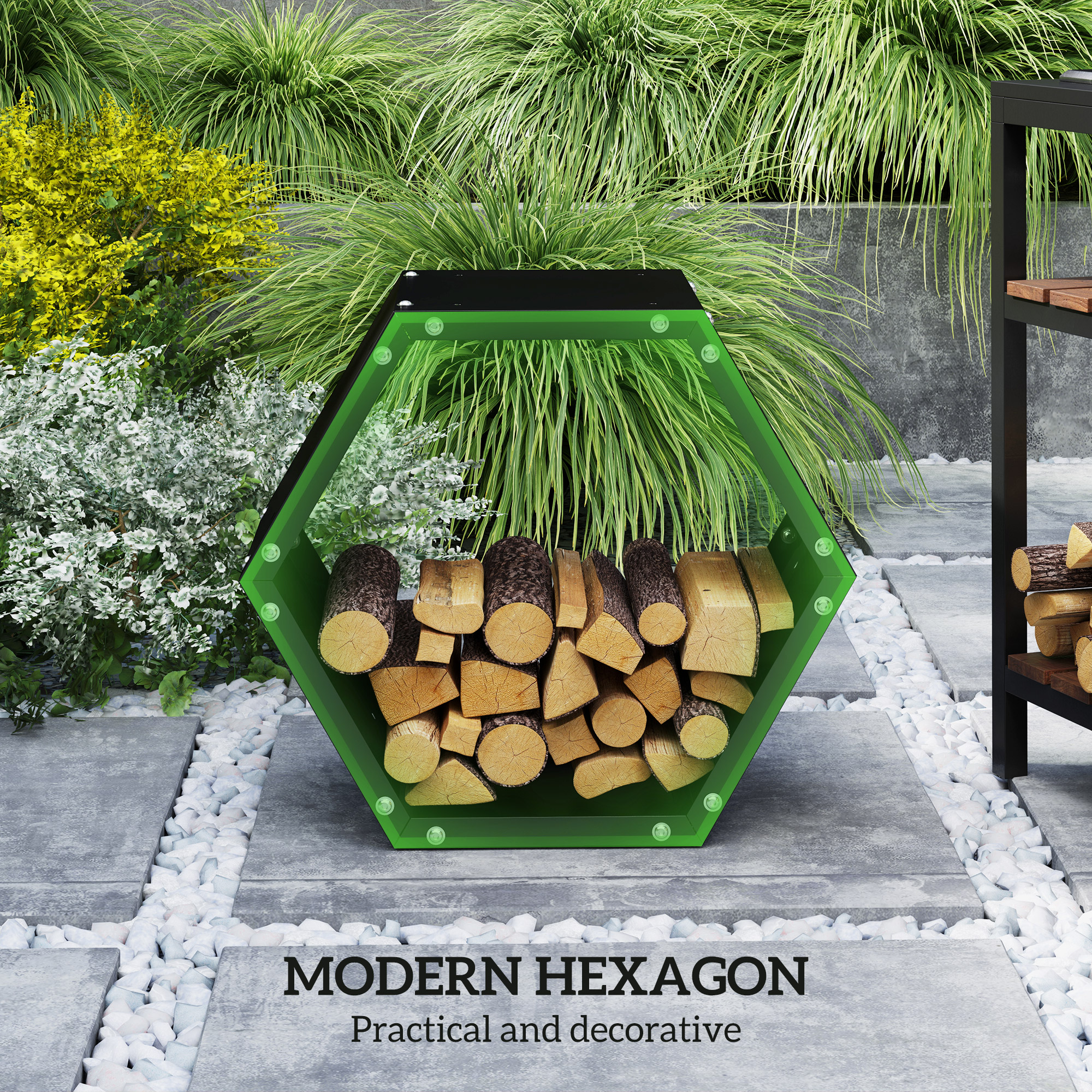 Outsunny Hexagon Firewood Log Rack Heavy-Duty Steel Log Holder for ...