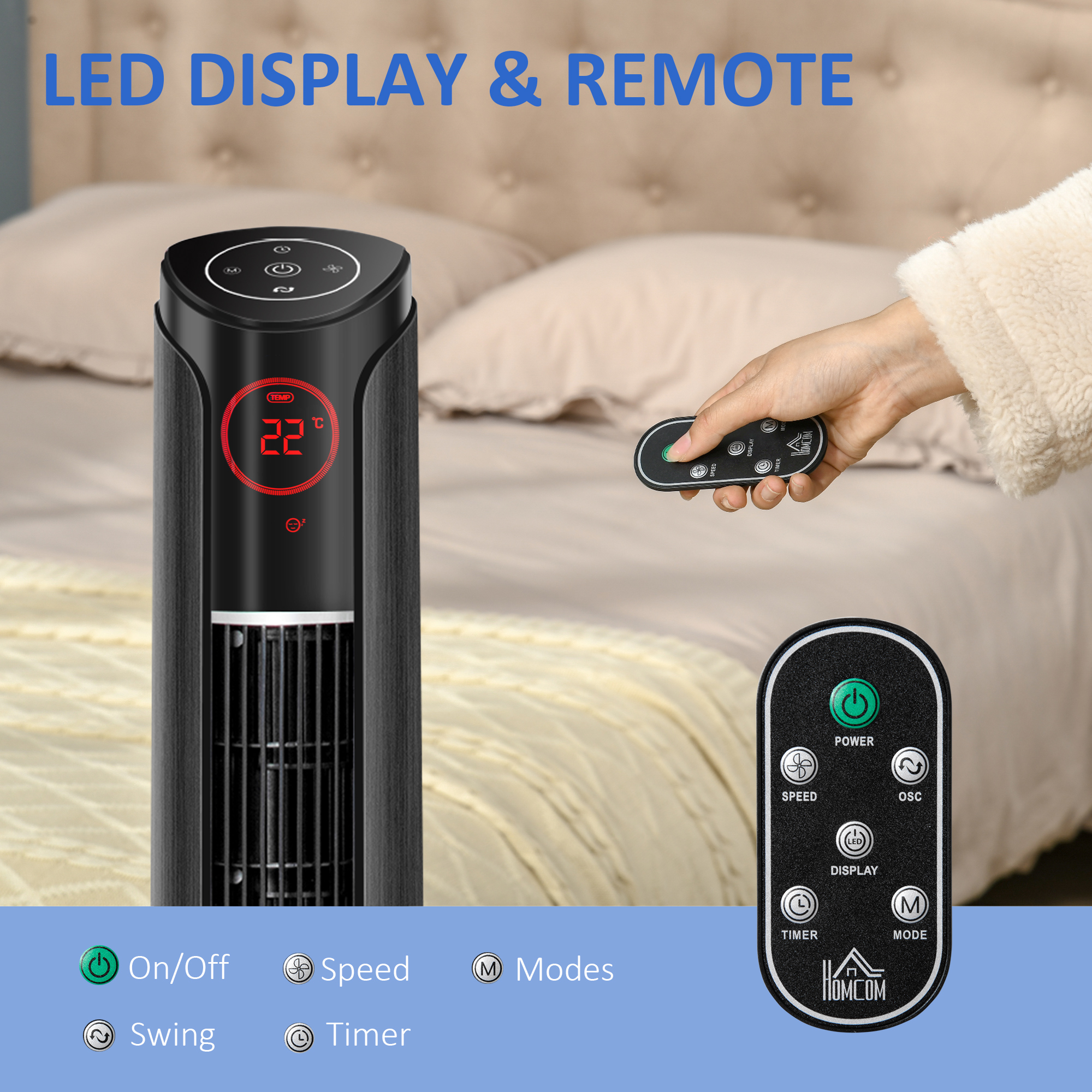 HOMCOM Freestanding Tower Fan Cooling for Home Bedroom with 3 Speed ...