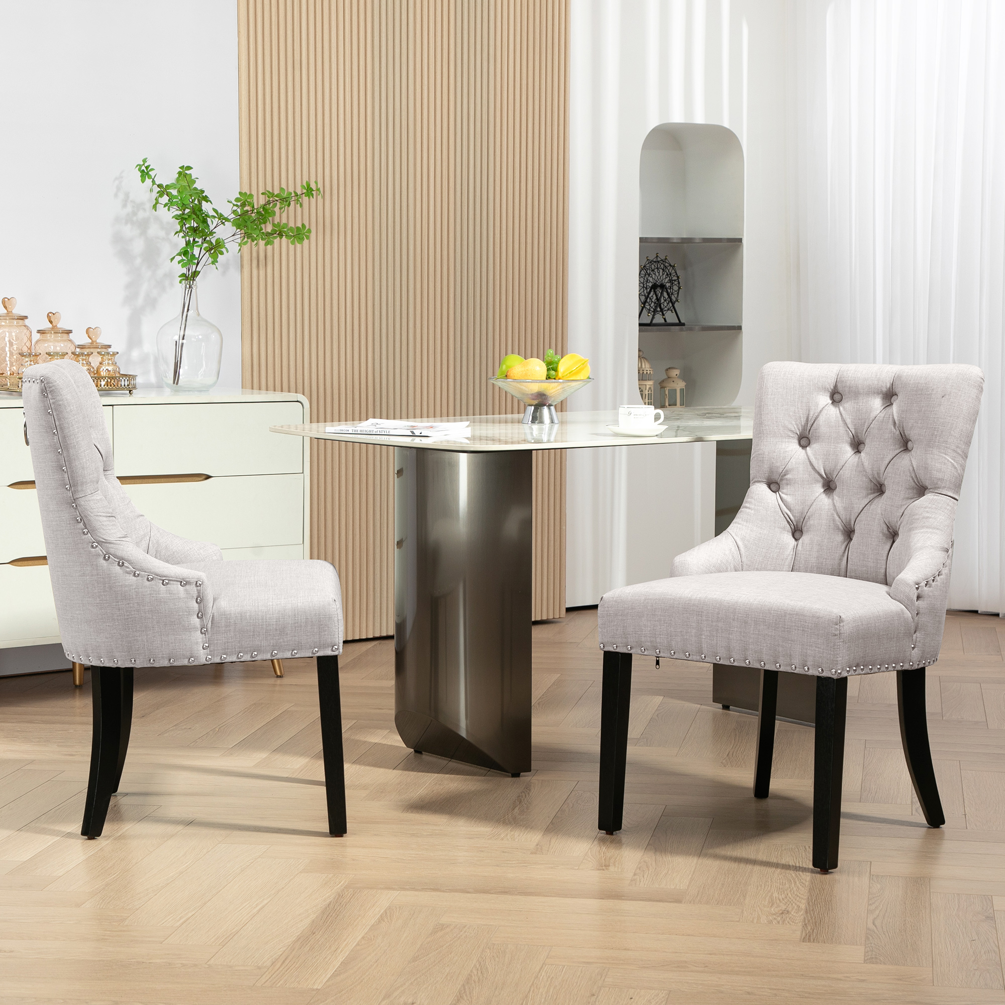 HOMCOM Swoop Air Linen Fabric Dining Chair Set of 2 with Nailhead Trim ...